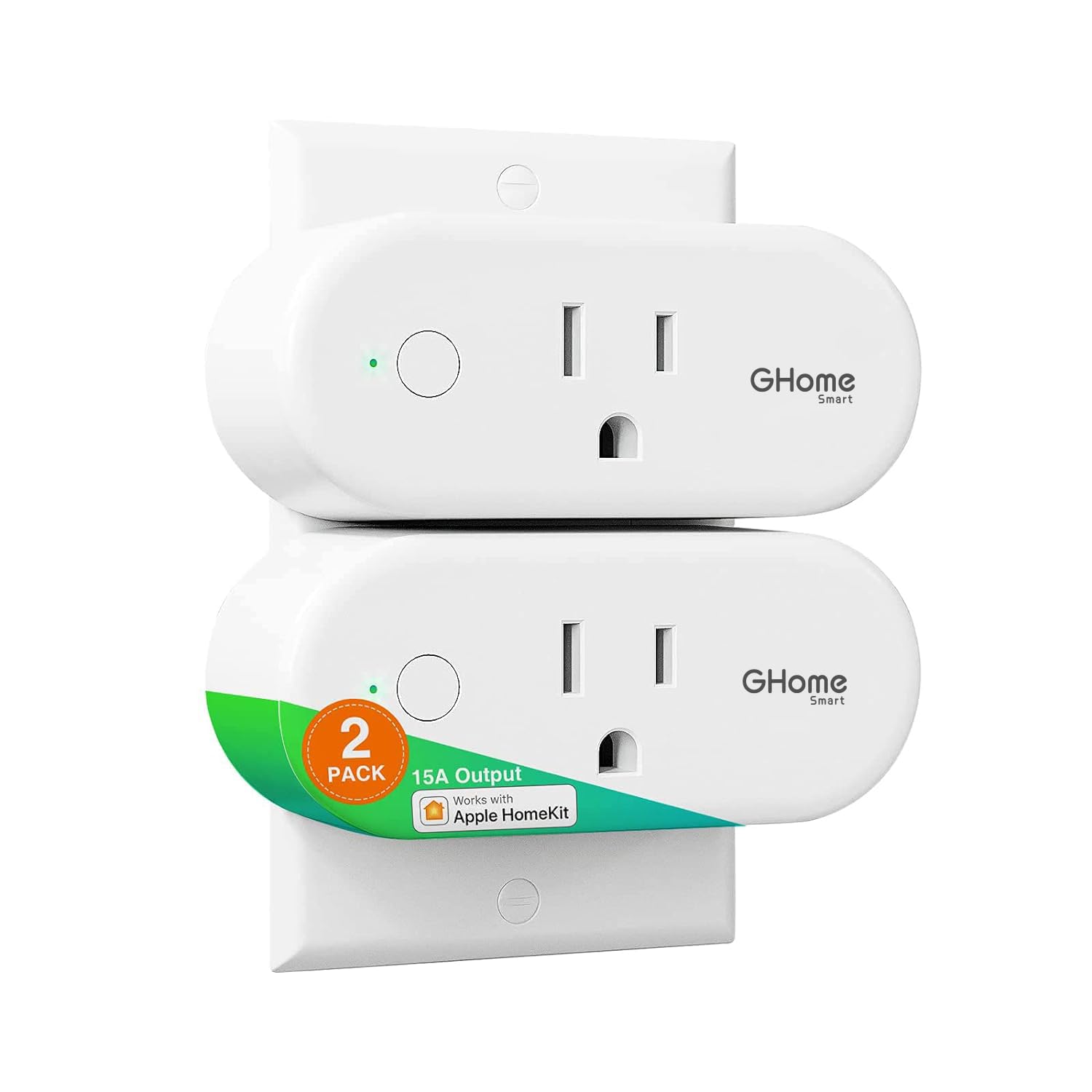GHome Smart HomeKit Smart Plug, 15A Mini Plug Works with HomeKit and Homepod, Wi-Fi Outlet Socket Remote Control with Schedule Timer Function, Only for 2.4GHz Network, No Hub Required (2 Pack), White