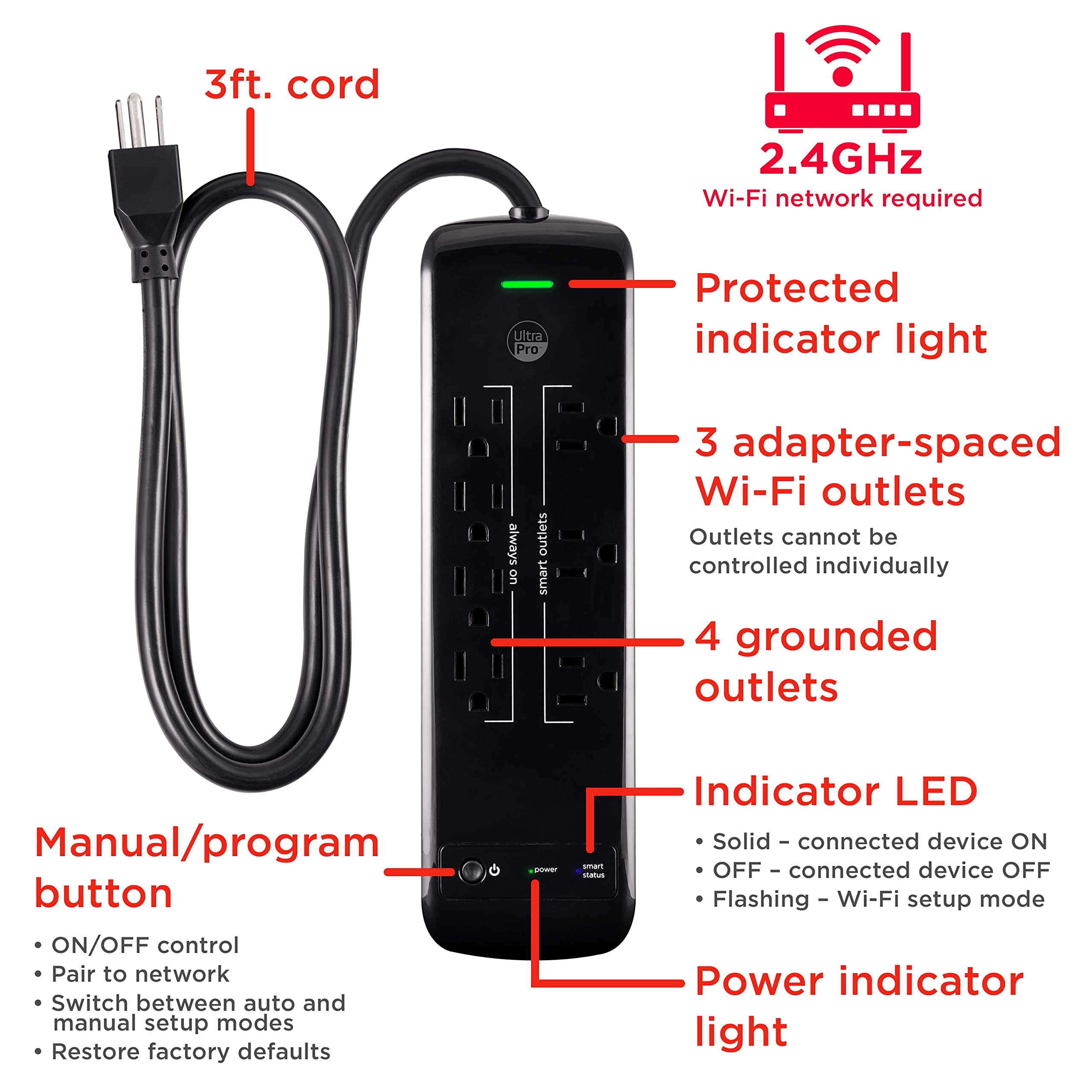 UltraPro 7-Outlet Wi-Fi Surge Protector, Smart Power Strip, 3 Ft Cord, 3 Group Controlled Outlets, Works with Amazon Alexa & Google Home, 1440 Joules, Black, 55144
