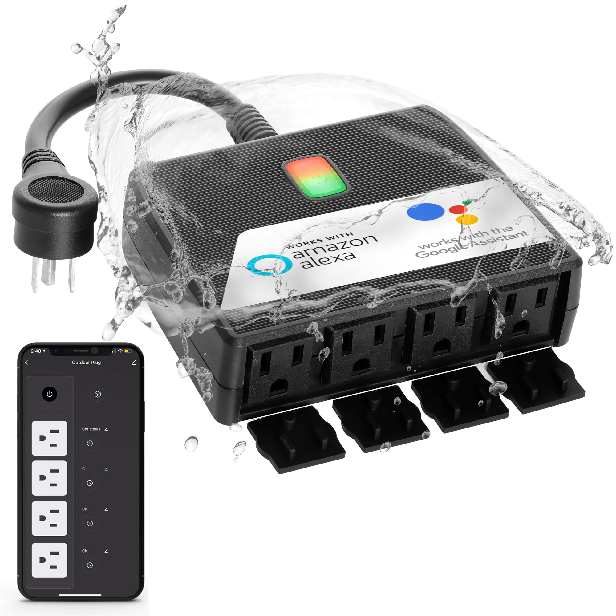 Smart Heavy Duty Outdoor WiFi Plug Waterproof Socket, Electrical Power Extension Cord, Outlet Switch and Timer Works Remotely with Alexa, Google Assistant (4 Sockets)