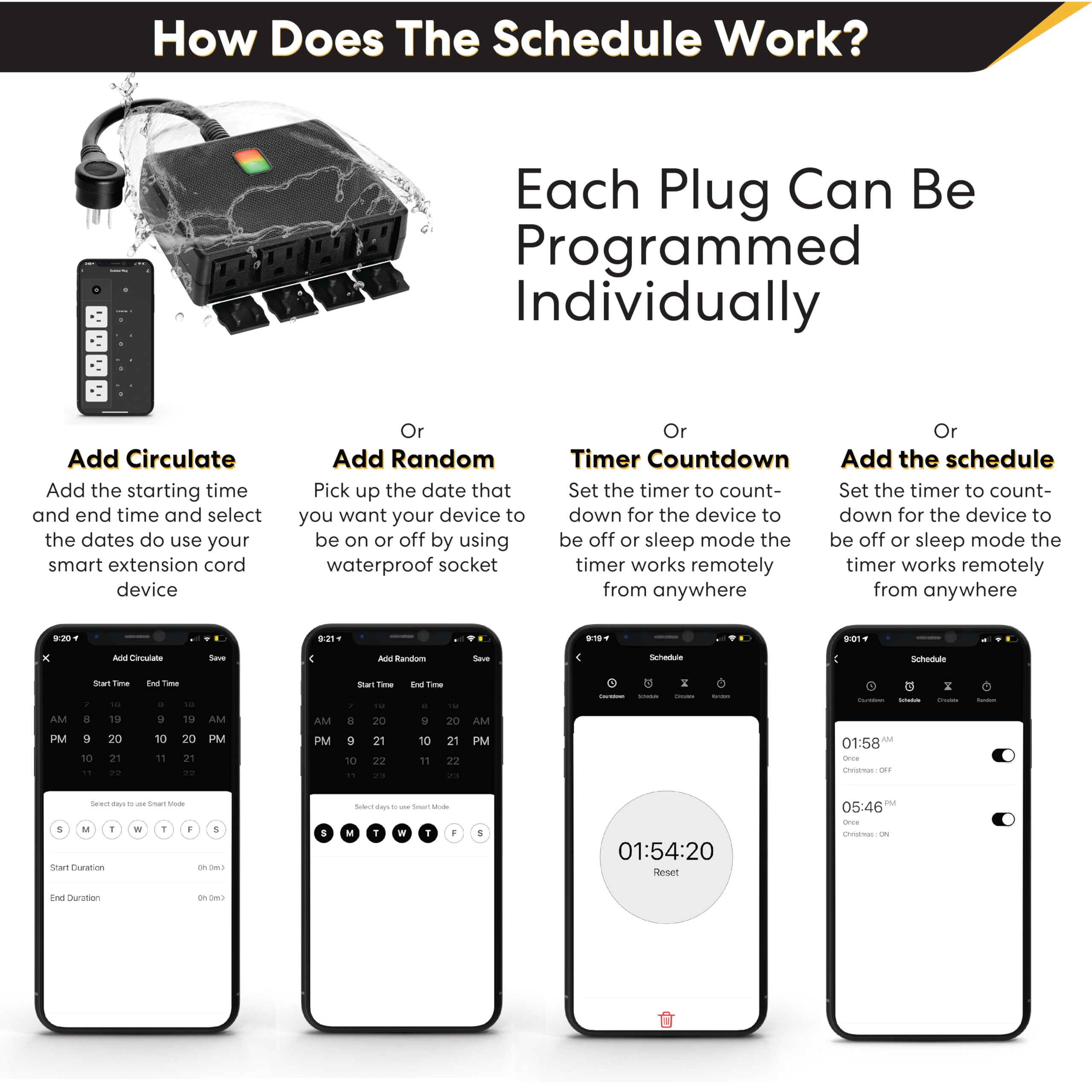 Smart Heavy Duty Outdoor WiFi Plug Waterproof Socket, Electrical Power Extension Cord, Outlet Switch and Timer Works Remotely with Alexa, Google Assistant (4 Sockets)