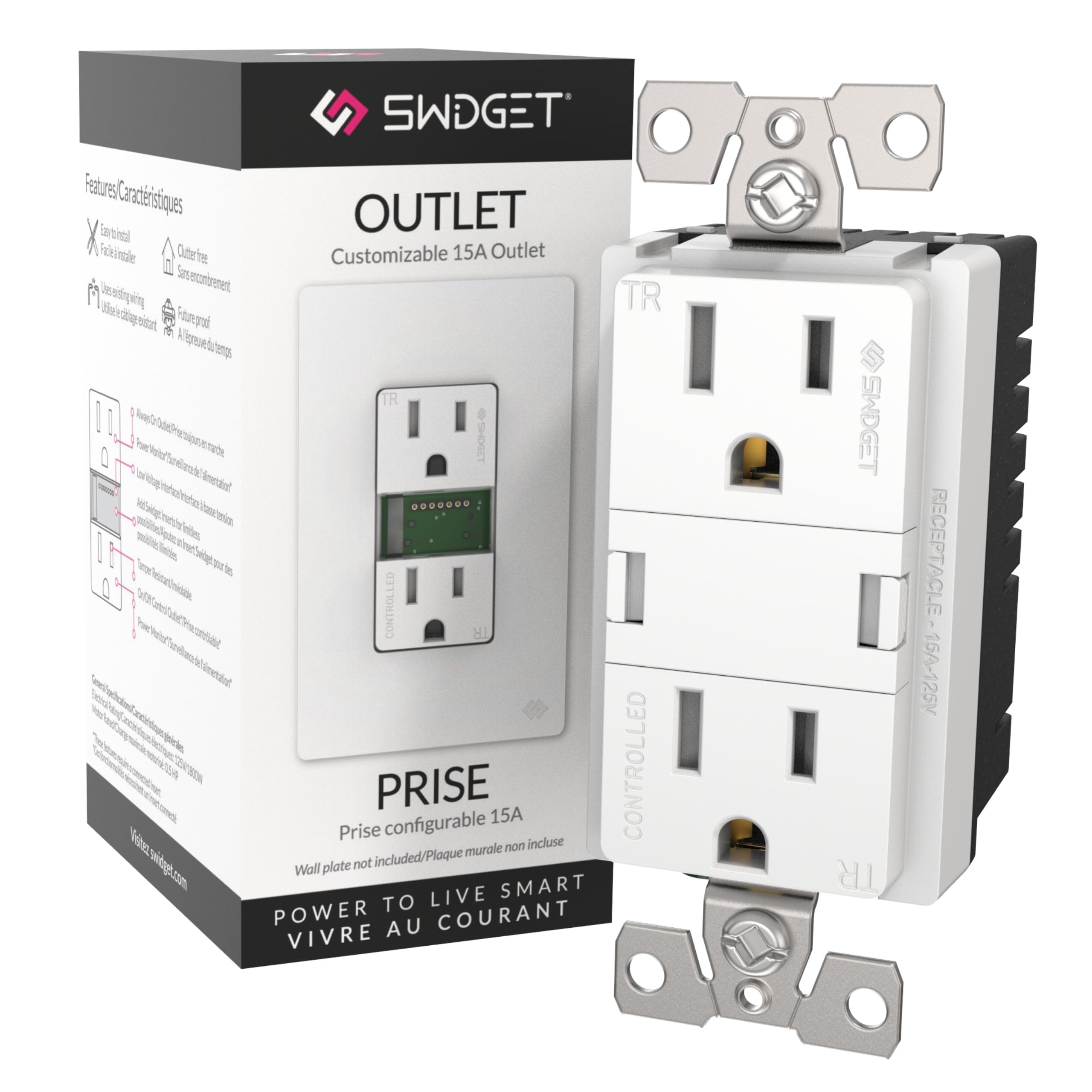 Swidget Customizable Outlet - Add a Wi-Fi or Z-Wave Insert to make it a smart outlet, smart plug, Wi-Fi Plug, Z-Wave Plug. Compatible with Alexa, Google Assistant, IFTTT. 15Amp, Tamper Resistant, ETL