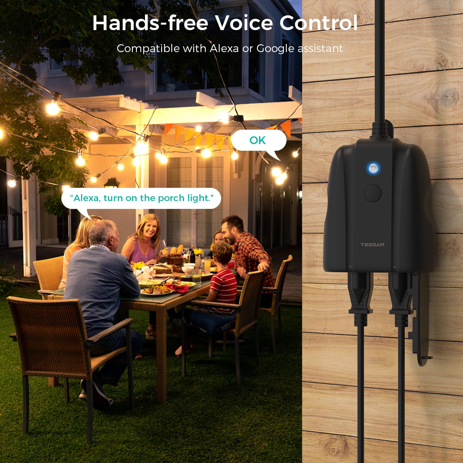 Outdoor Smart Plug, TESSAN WiFi Outlet Works with Alexa, Google Assistant, 2 Individual Socket Outside Power Strip Waterproof Timer Extension Cord with Switch for Lights and 2HP Pool Pump