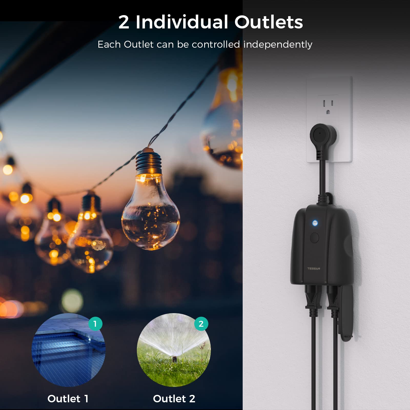Outdoor Smart Plug, TESSAN WiFi Outlet Works with Alexa, Google Assistant, 2 Individual Socket Outside Power Strip Waterproof Timer Extension Cord with Switch for Lights and 2HP Pool Pump