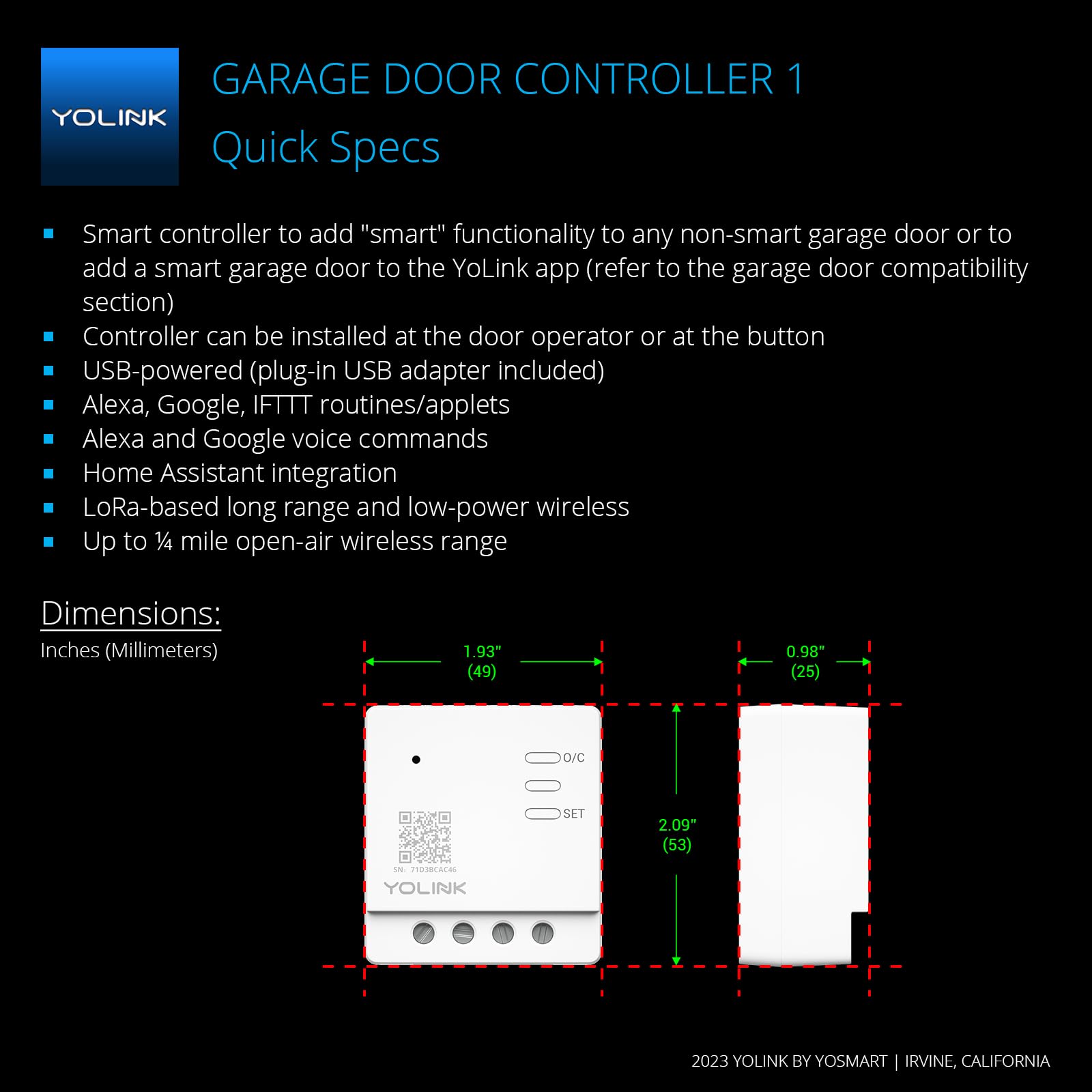 Garage Door Kit, YoLink 1/4 Mile World's Longest Range Garage Door Sensor and Controller Compatible with Alexa IFTTT, Garage Door Opener App Remote Control Open Close Notification, YoLink Hub Required