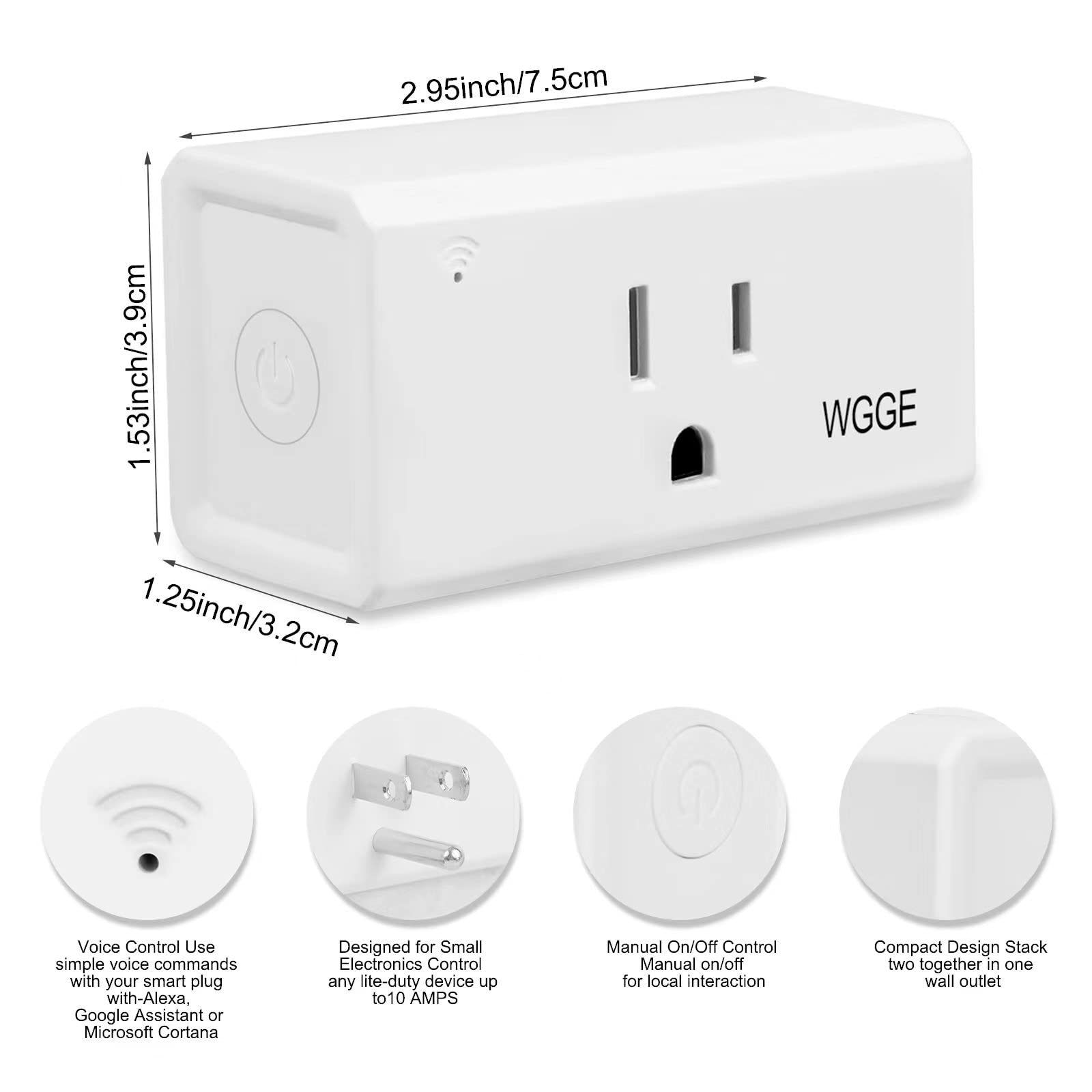Smart Plug, WGGE WiFi Smart Plug Outlet Compatible with Alexa or Google Assistant, APP Remote Control Anywhere, Timer Function, No Hub Required, 2.4 Ghz Network Only (White / 2 Pieces)