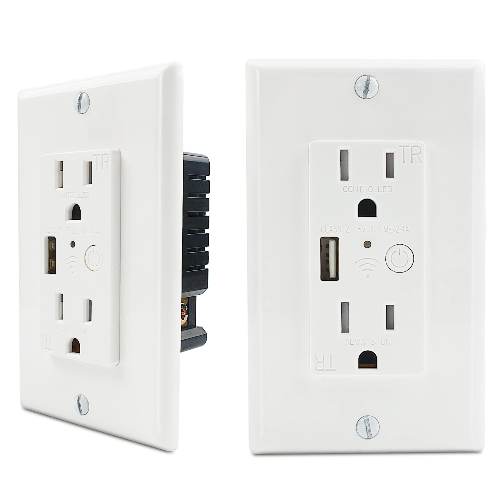2 Pack Electrical Outlet in-Wall with 2.4A USB Port, Smart Wi-Fi Socket with 2 Plug Outlet, Compatible with 15 Amp Divided Controller, Work with Alexa and Google Home, ETL & FCC Certified