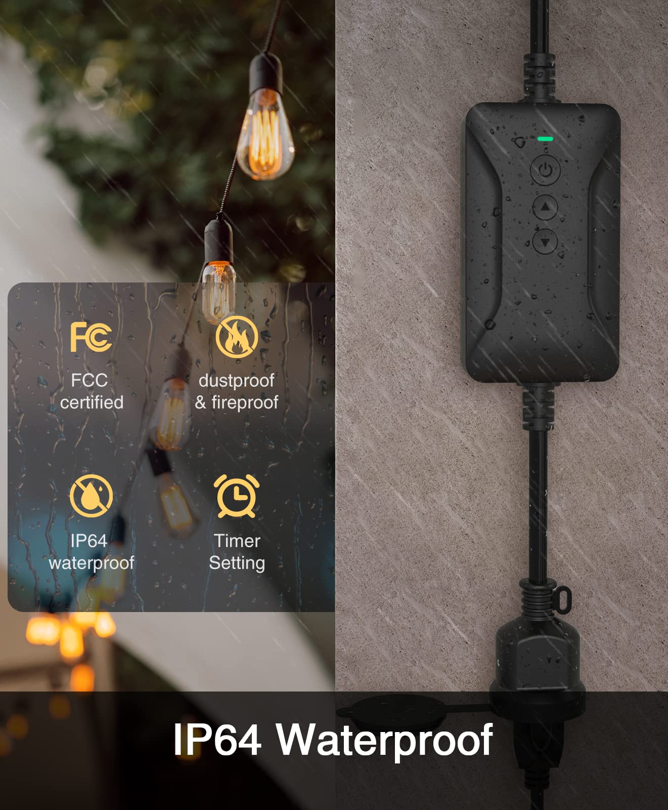GHome Smart Outdoor Plug Dimmer, WiFi Outlet Timer Works with Alexa Google Assistant, IPX4 Weatherproof Plug-in Dimmer for Outdoor String Lights Decorations, No Hub Required, 2.4GHz WiFi Only