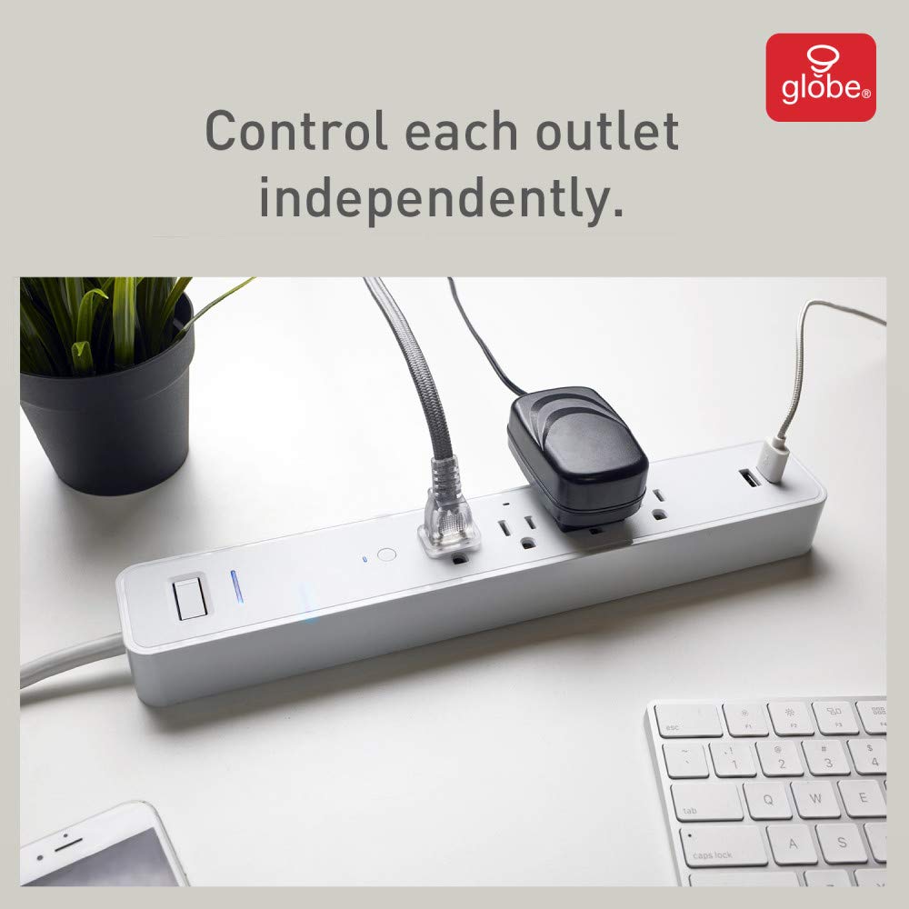 Globe Electric Wi-Fi Smart 4-Outlet Surge Protector 2 USB Port Power Strip, No Hub Required, Voice Activated, Independently Controlled Grounded Outlets, 4ft Cord, White 50077