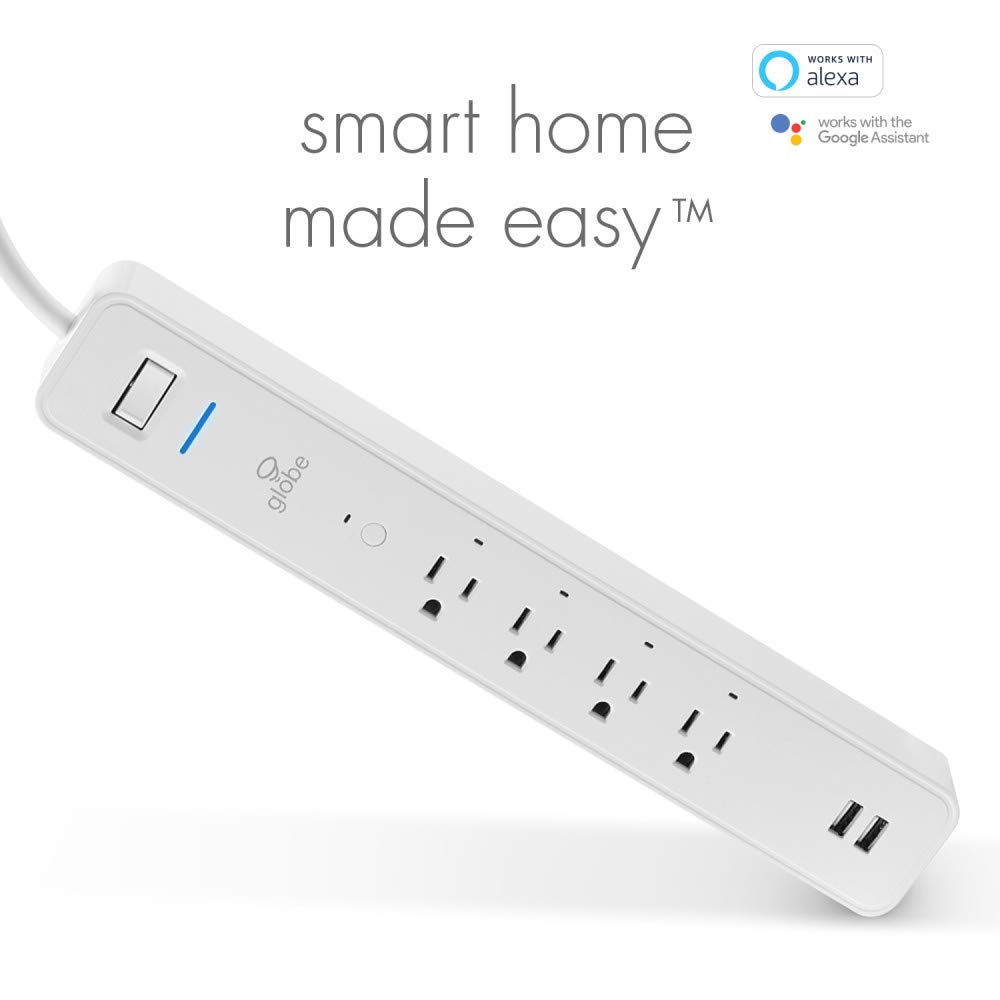 Globe Electric Wi-Fi Smart 4-Outlet Surge Protector 2 USB Port Power Strip, No Hub Required, Voice Activated, Independently Controlled Grounded Outlets, 4ft Cord, White 50077