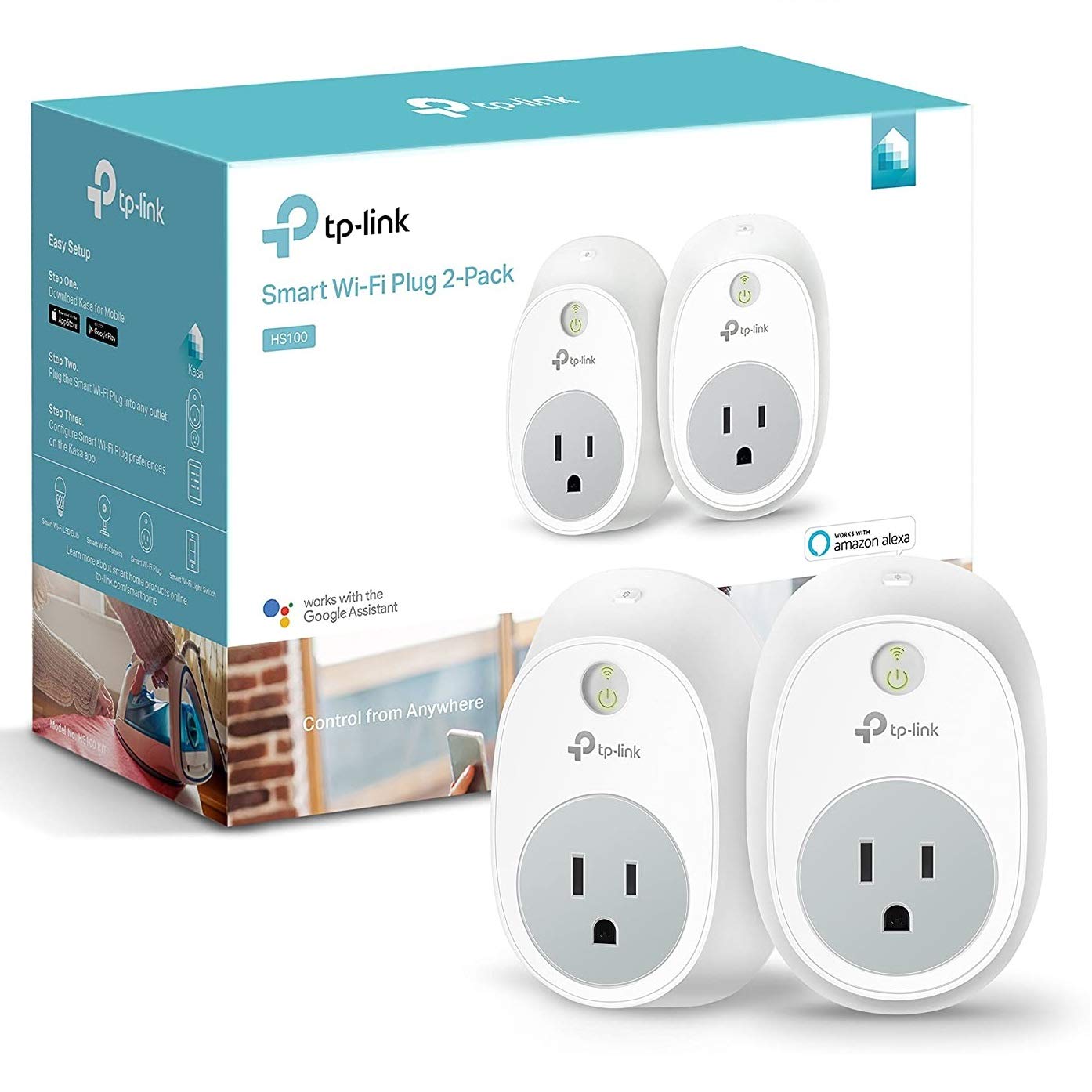 Kasa Smart (HS100 KIT) Plug by TP-Link, Smart Home Wi-Fi Outlet Works with Alexa, Echo, Google Home & IFTTT, No Hub Required, Remote Control, 15 Amp, UL Certified, 2-Pack ( Packaging May Vary )