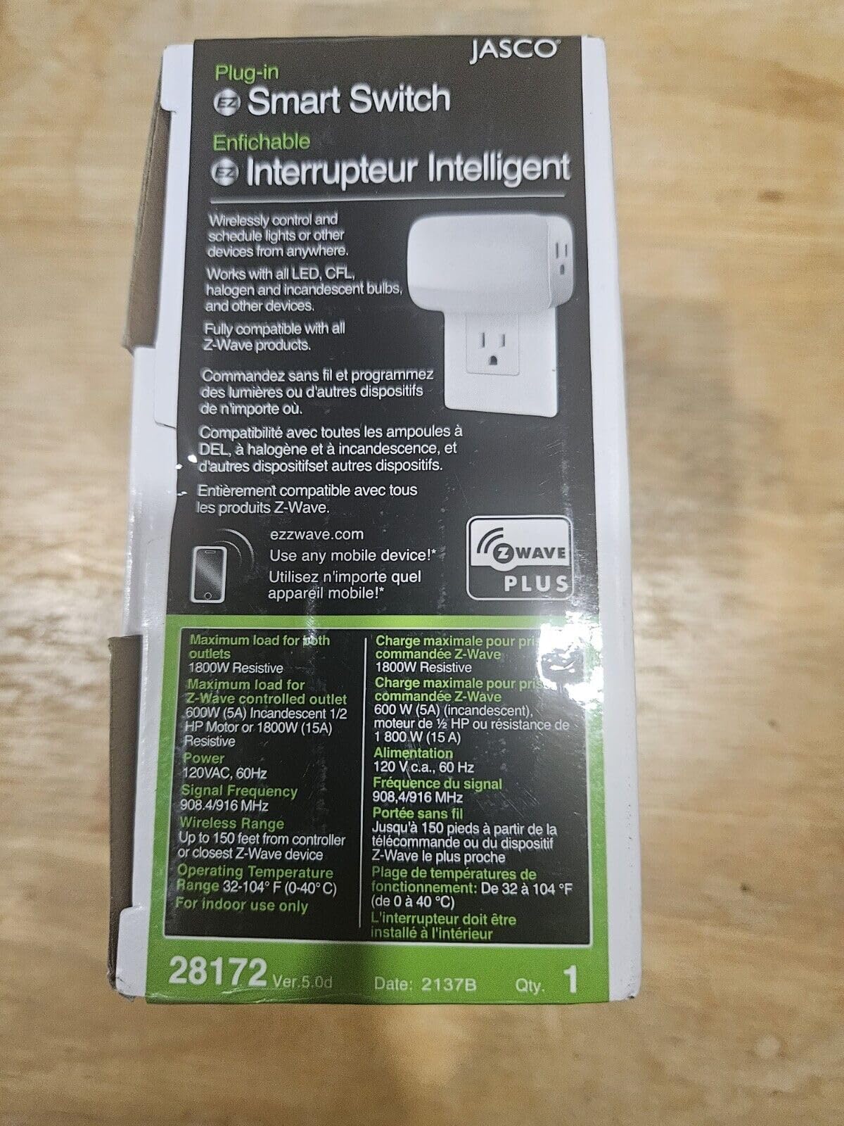 Plug-in Smart Switch (Dual Plug), 28172 (ZW4104), by Jasco Products Company, Cert ID: ZC10-15030009