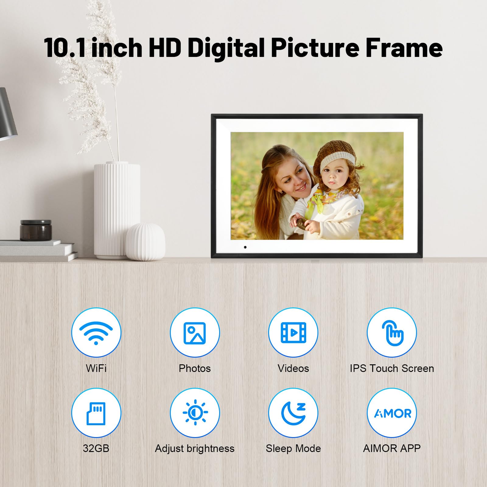Digital Photo Frame 10.1 Inch WiFi Digital Picture Frame IPS HD Touch Screen Smart Cloud Photo Frame with 16GB Storage, Auto-Rotate, Easy Setup to Share Photos or Videos Remotely via AiMOR APP (Black)