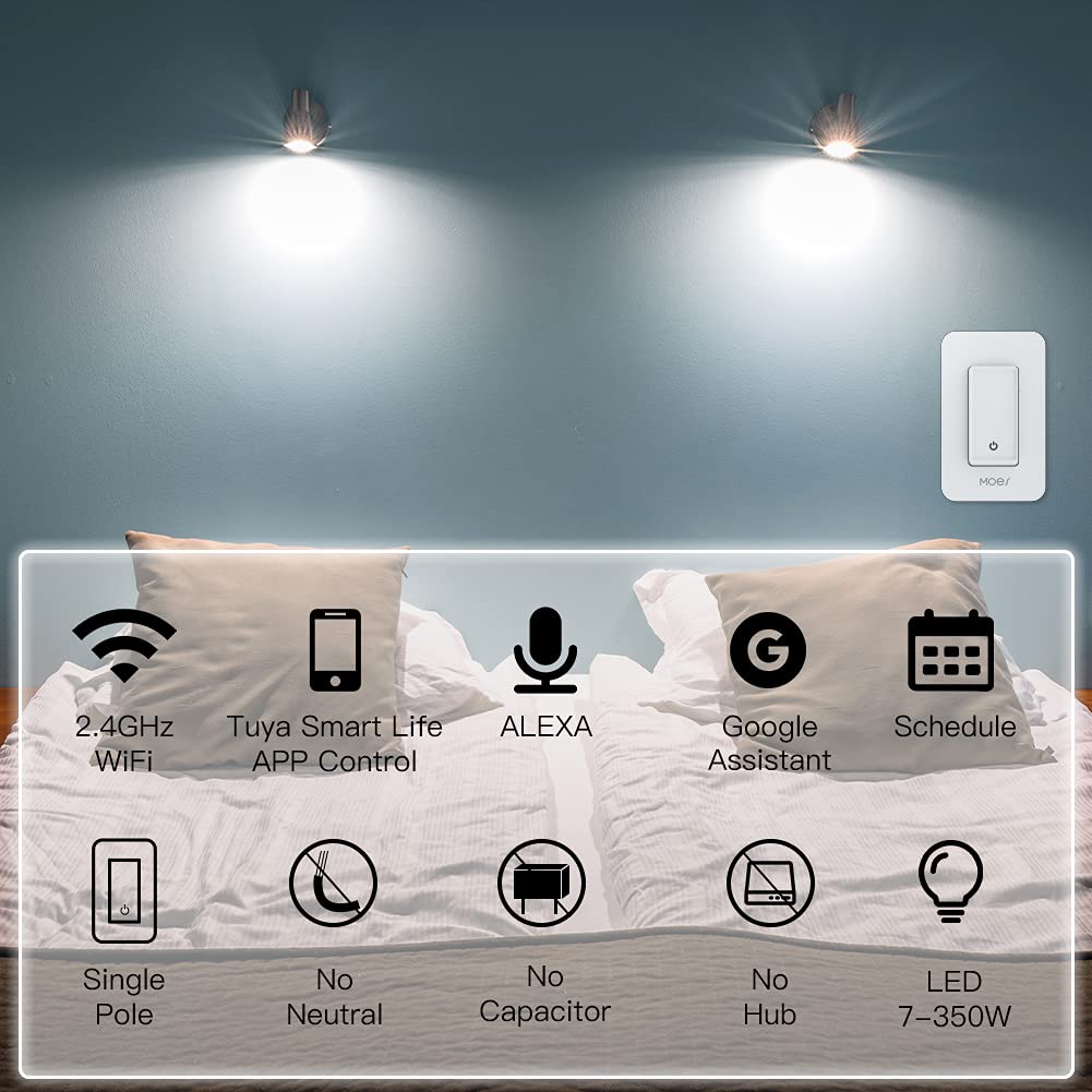 MOES WiFi Smart Light Switch No Neutral Wire, No Capacitor, No hub Required Single Live Wire Push Button, Tuya Smart Life App Remote Control Work with Alexa and Google Home, White Minimum 7W