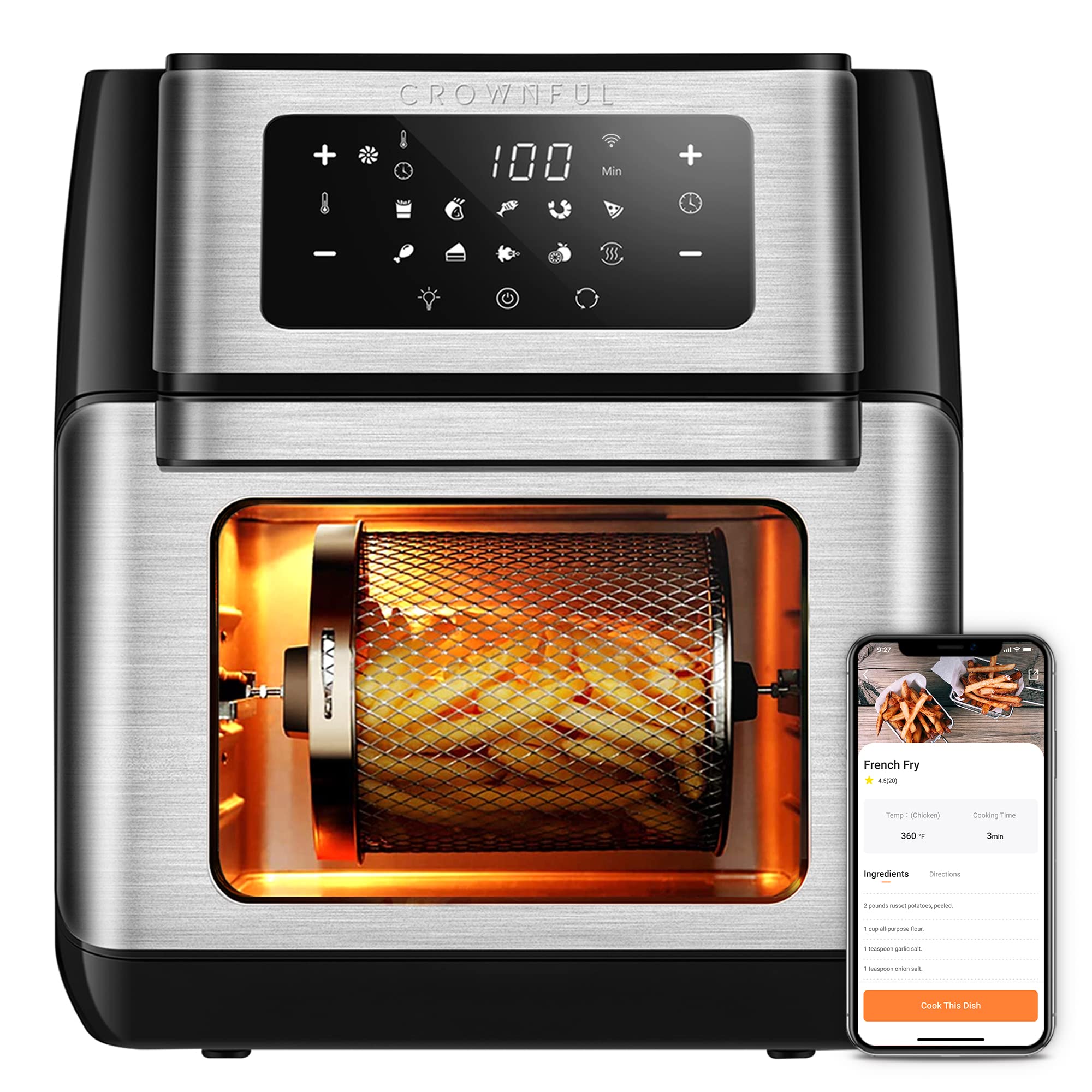 CROWNFUL Smart Air Fryer, 10.6 Quart Large WiFi Convection Toaster Oven Combo with Rotisserie & Dehydrator, Works with Alexa & Google Assistant, Accessories and Online Cookbook Included