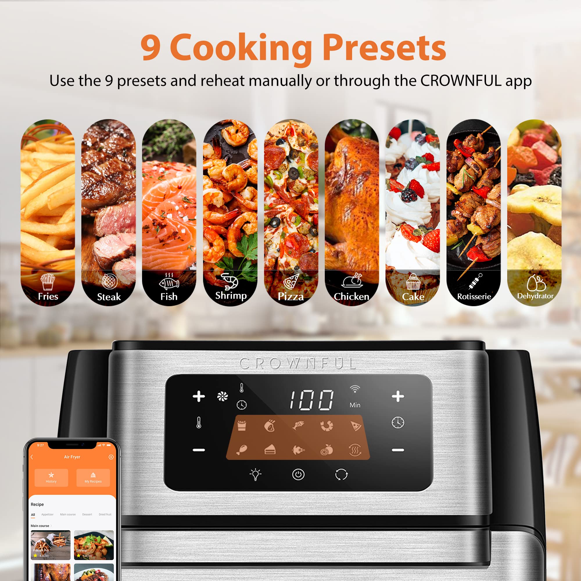 CROWNFUL Smart Air Fryer, 10.6 Quart Large WiFi Convection Toaster Oven Combo with Rotisserie & Dehydrator, Works with Alexa & Google Assistant, Accessories and Online Cookbook Included