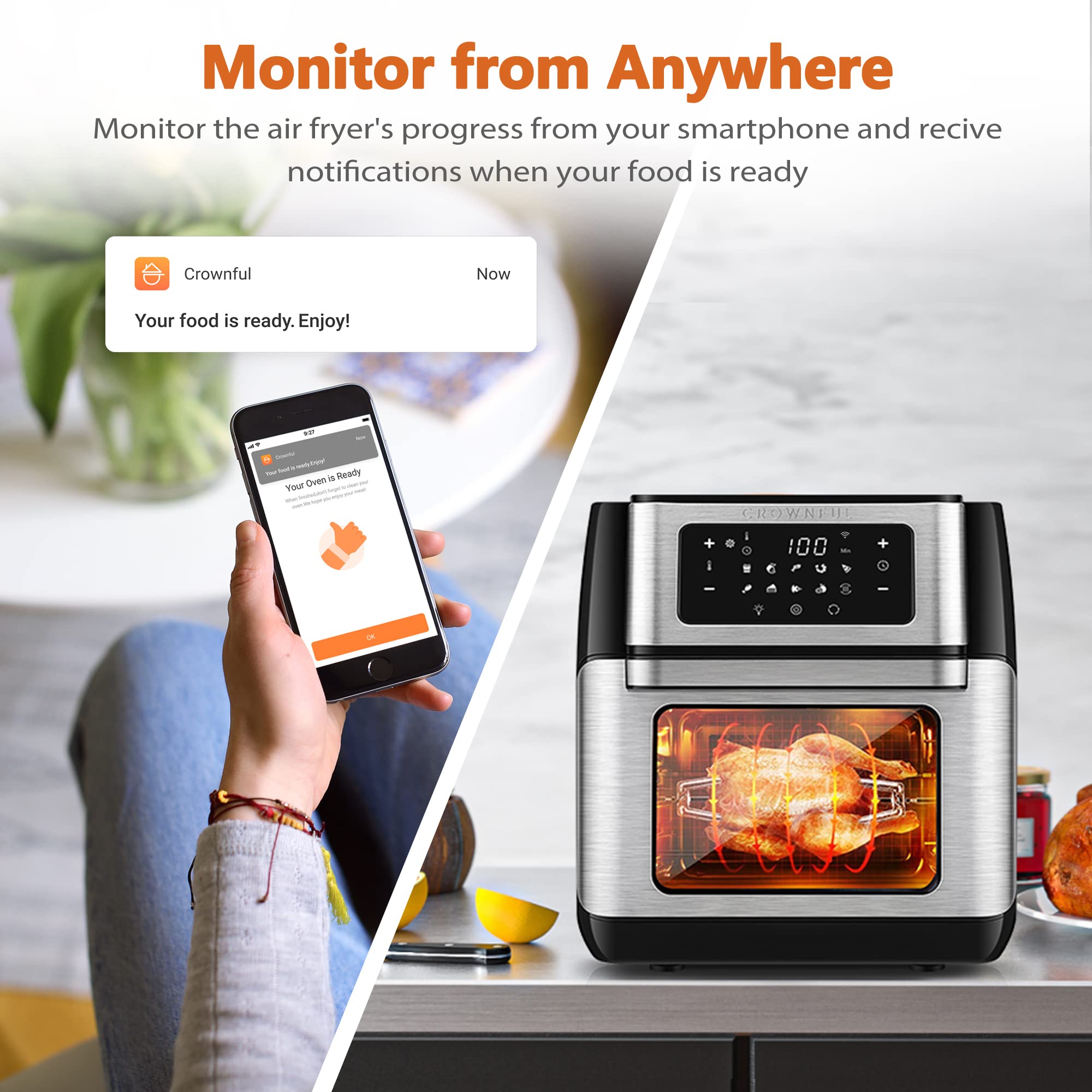 CROWNFUL Smart Air Fryer, 10.6 Quart Large WiFi Convection Toaster Oven Combo with Rotisserie & Dehydrator, Works with Alexa & Google Assistant, Accessories and Online Cookbook Included