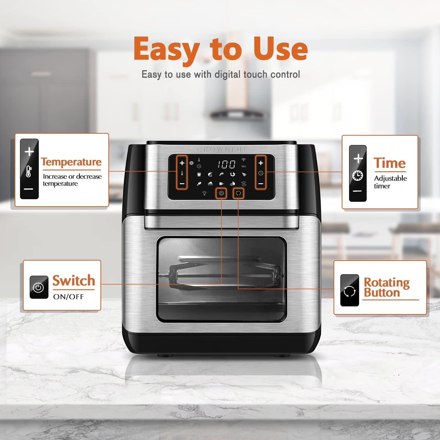 CROWNFUL Smart Air Fryer, 10.6 Quart Large WiFi Convection Toaster Oven Combo with Rotisserie & Dehydrator, Works with Alexa & Google Assistant, Accessories and Online Cookbook Included