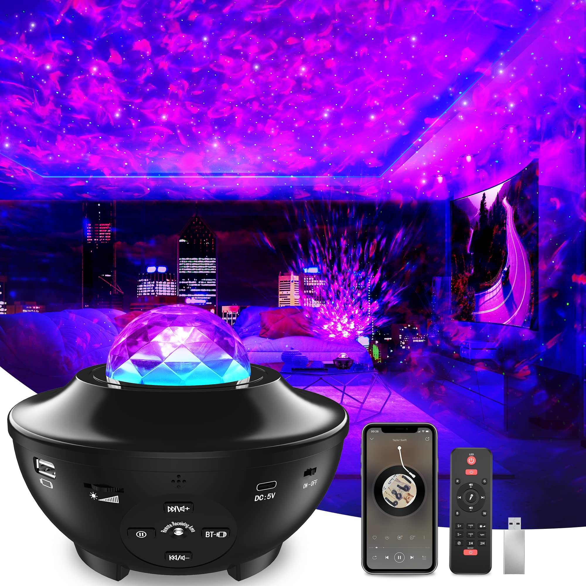 Galaxy Projector Star Projector for Bedroom, Starry Night Light Projector for Kids, Large Coverage Star Projector for Ceiling, Built in Bluetooth/Music Speaker/Timer, Ideal Gift for Christmas (Black)