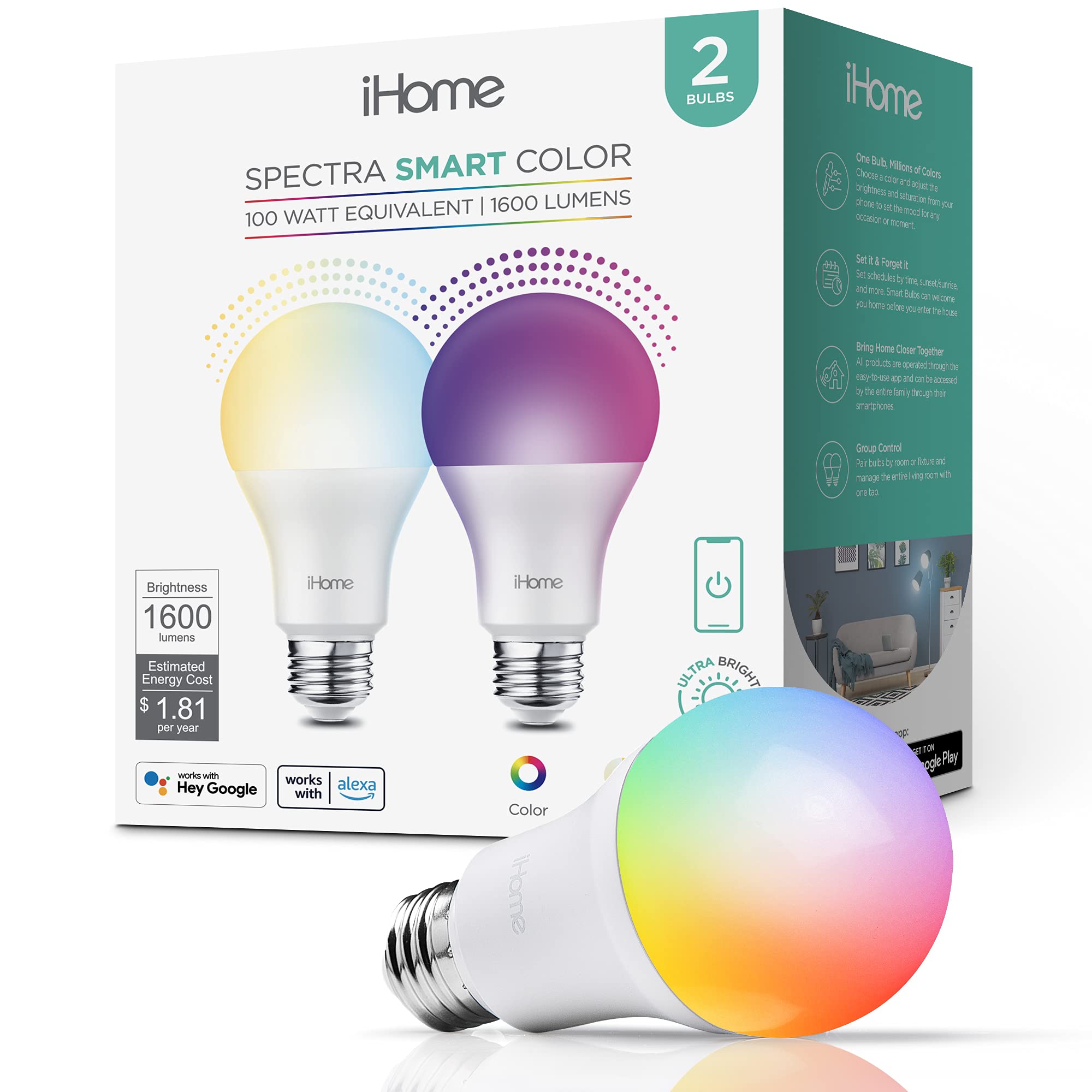 iHome Spectra Smart Multicolor Light Bulb, A21 Tunable Dimmable Ultra-Bright Color Bulb, 1600 Lumens, 15W, 100W Equivalent, WiFi Smart Bulb, Compatible with Alexa and Google Home, 2 Pack