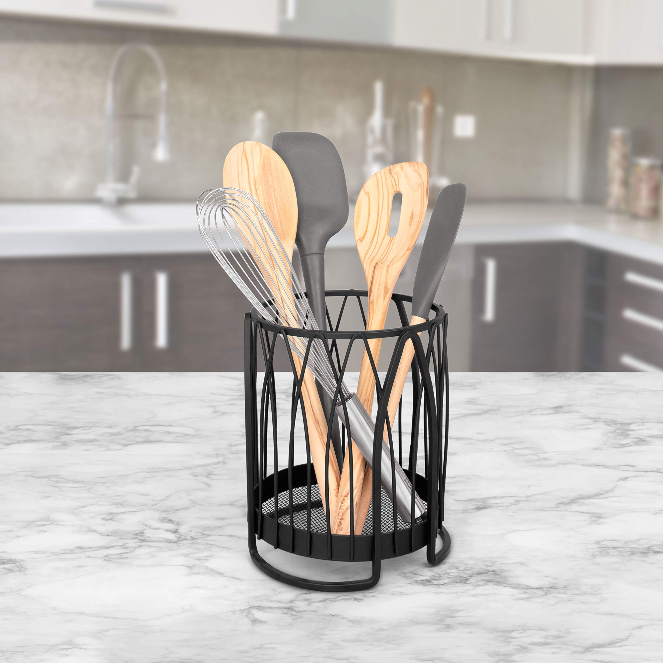 Spectrum Diversified Pantry Works Grande Round Holder & Kitchen Countertop Organizer Cooking Utensil Crock for Kitchen Organization & Storage, Cutlery & Flatware Caddy, Black