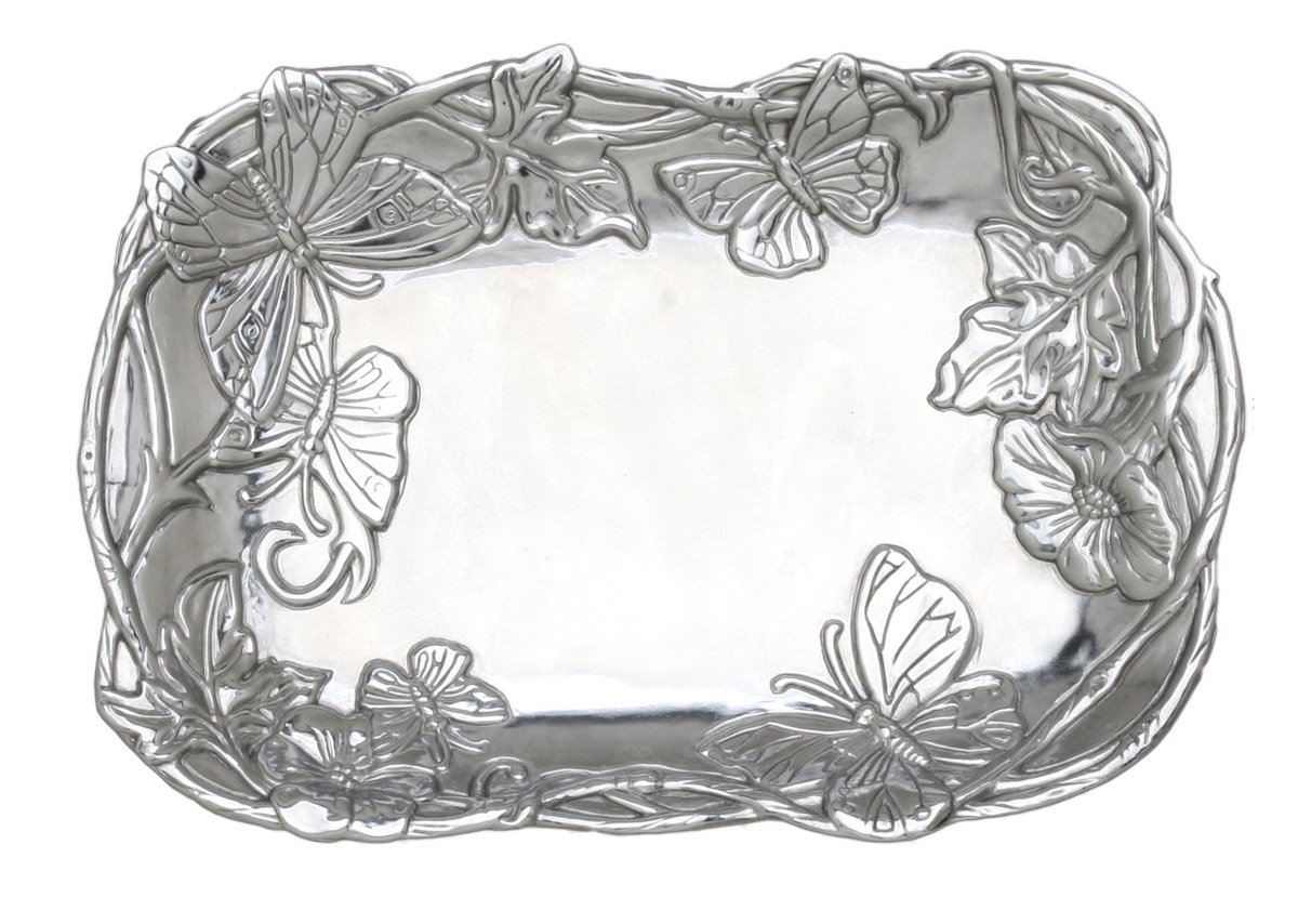 Arthur Court Designs Aluminum Butterfly Flower Food Service Tray, Desktop Storage Organizer, Catchall, Valet, Nightstand or Dresser 9.5 inch Long