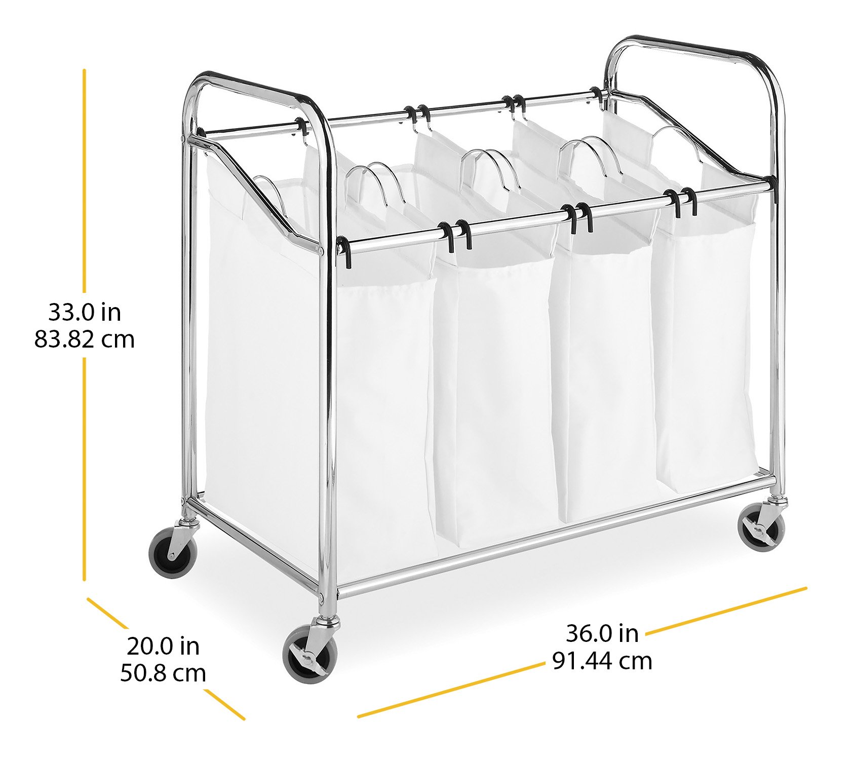 Whitmor 4 Section Rolling Laundry Sorter - 4 Removable Heavy Duty Bags - Chrome