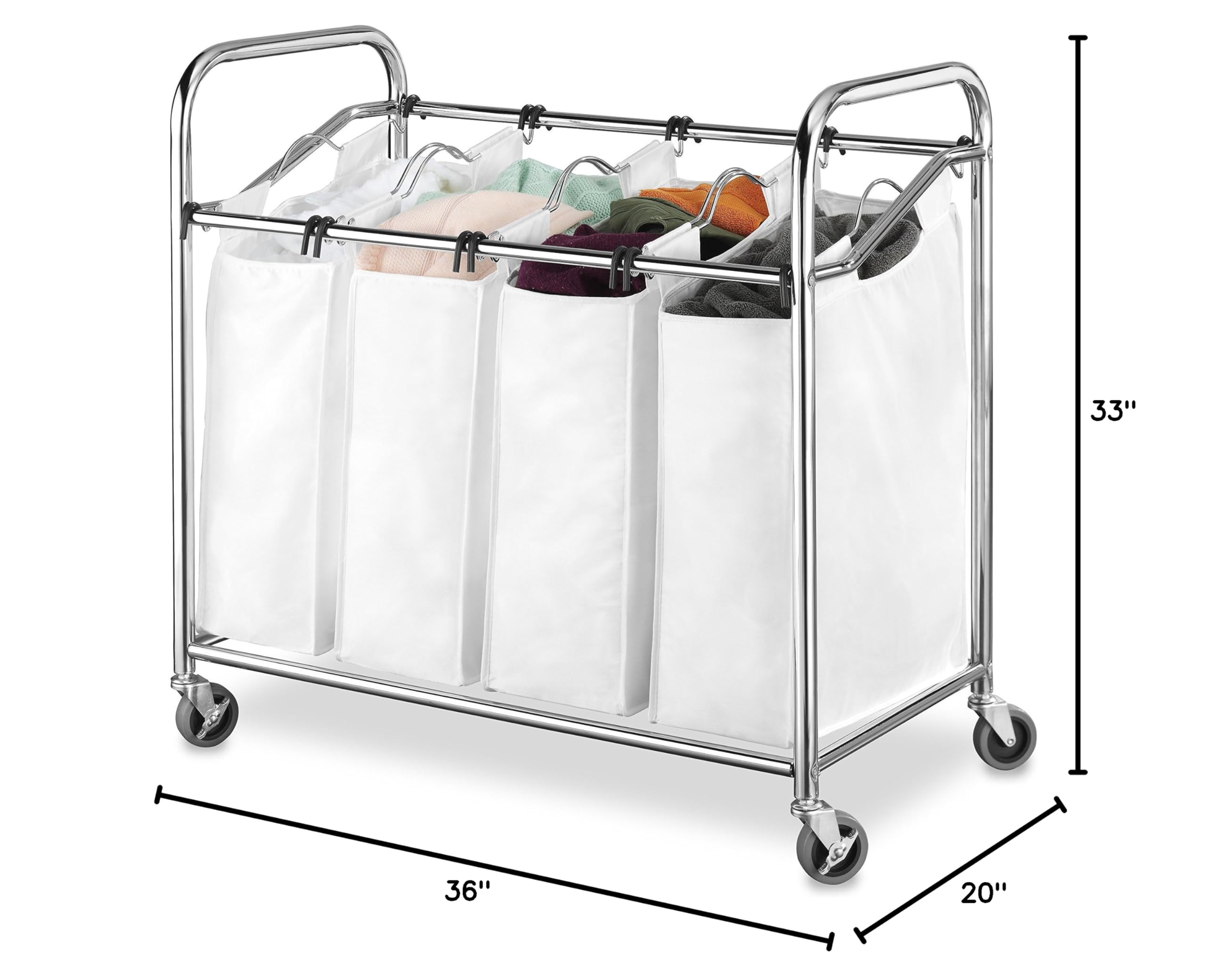 Whitmor 4 Section Rolling Laundry Sorter - 4 Removable Heavy Duty Bags - Chrome