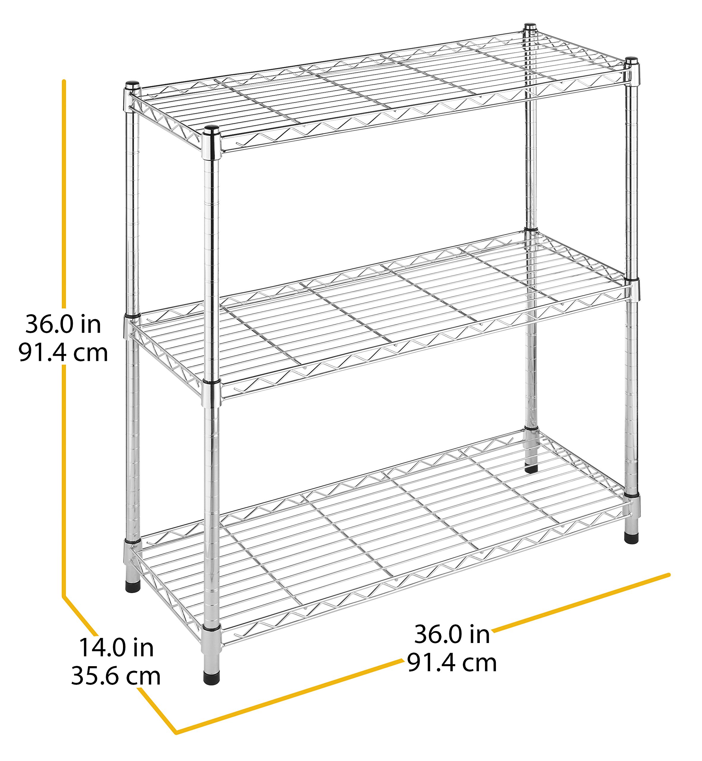 Whitmor Supreme 3 Tier Shelving with Adjustable Shelves and Leveling Feet - 350 lb. Capacity per Shelf - Chrome