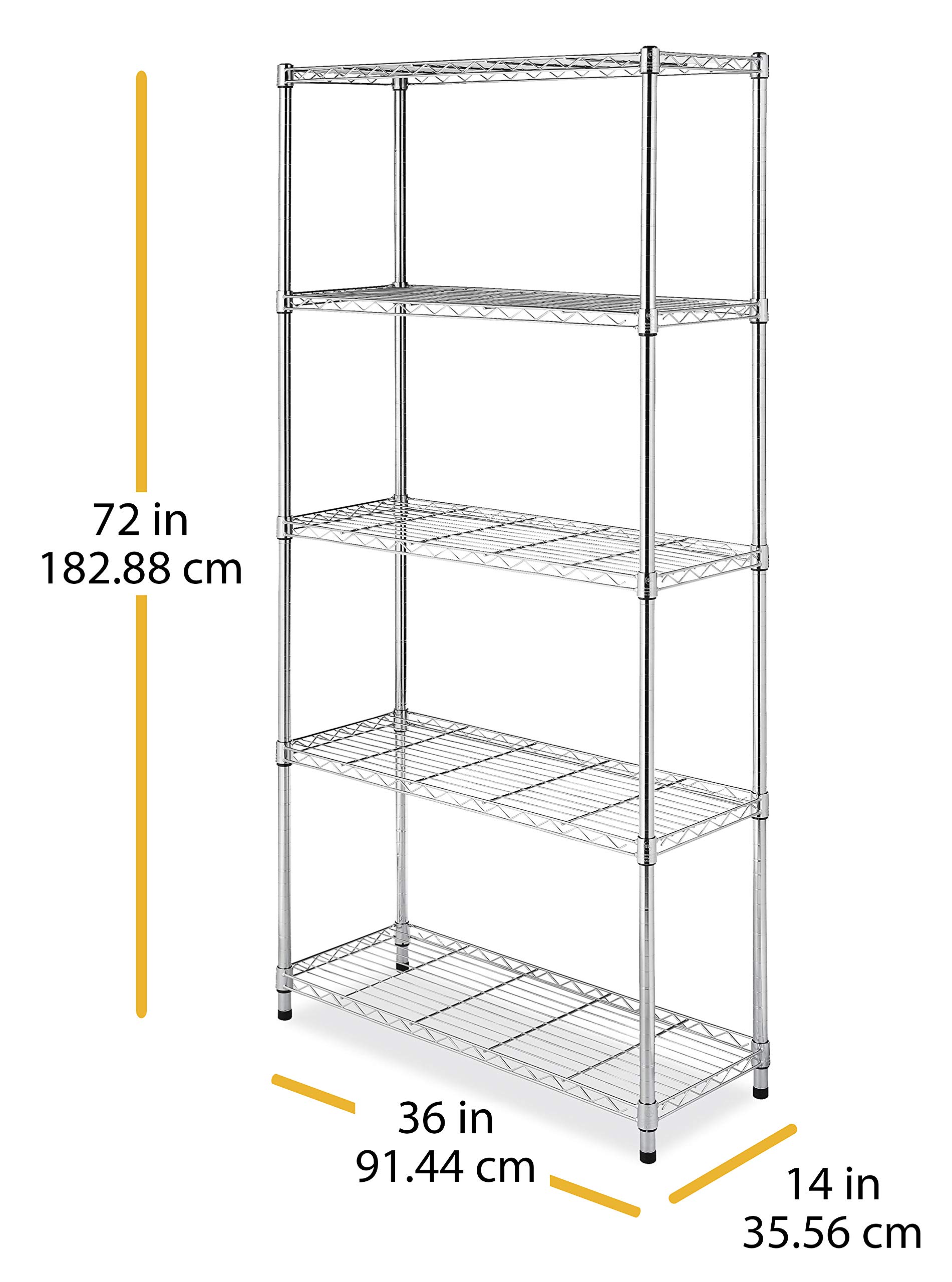 Whitmor Supreme 5 Tier Shelving with Adjustable Shelves and Leveling Feet - 350 lb. Capacity per Shelf - Chrome