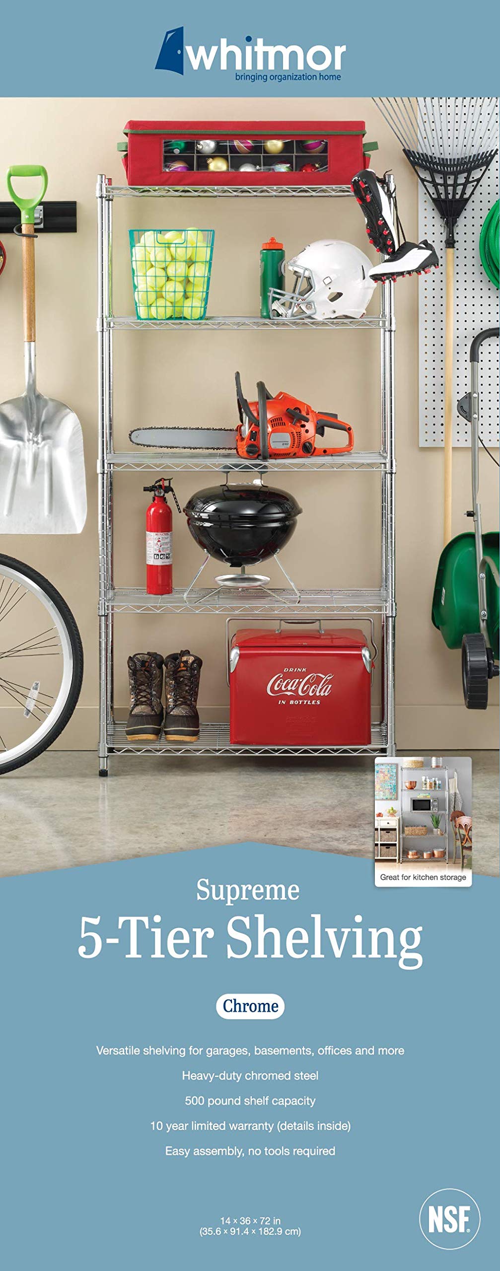 Whitmor Supreme 5 Tier Shelving with Adjustable Shelves and Leveling Feet - 350 lb. Capacity per Shelf - Chrome