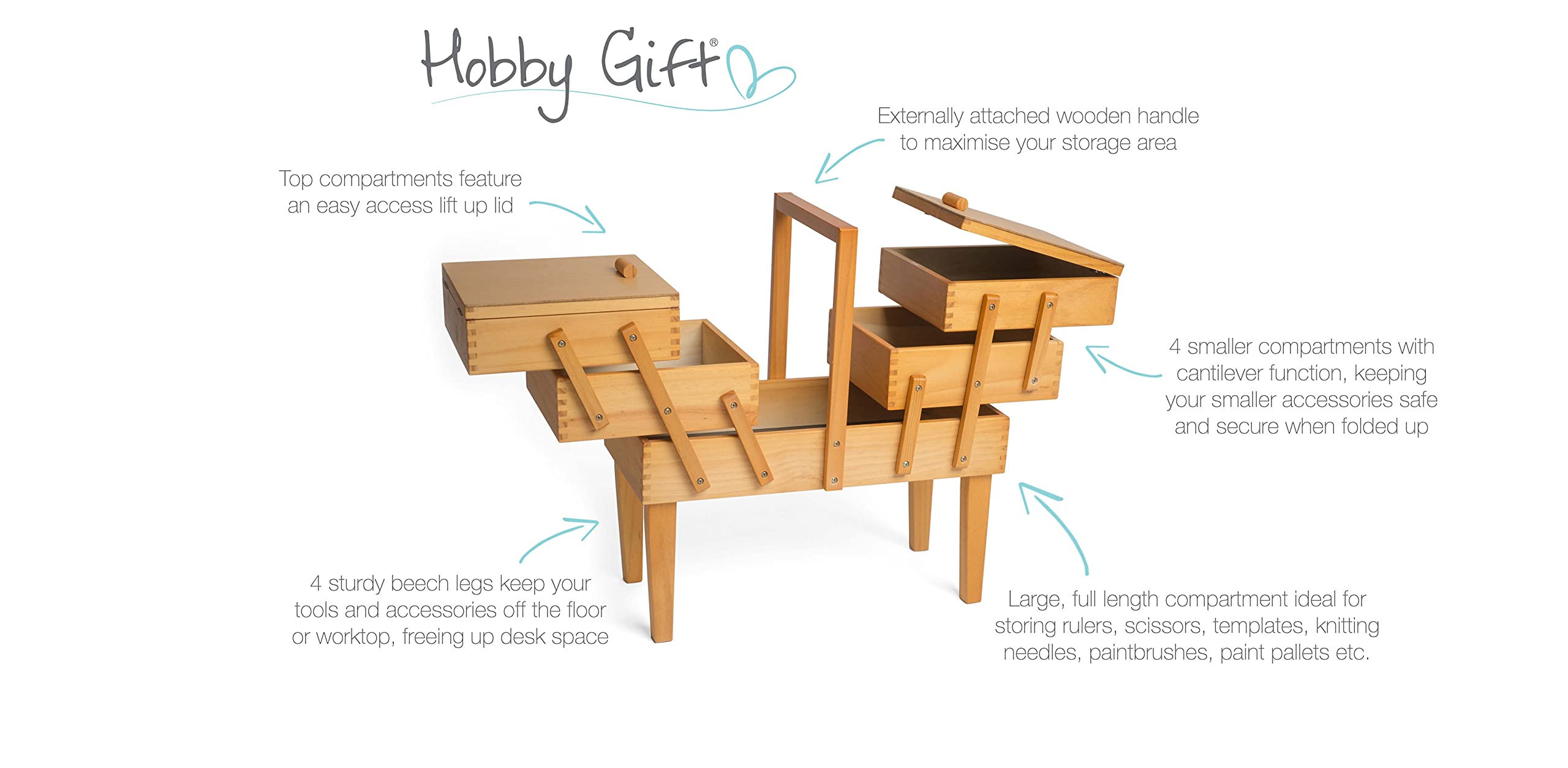 Hobbygift Wooden Cantilever 3 Tier Sewing Box with Legs: Light Wood Shade, 82.5x22x44.5 cm