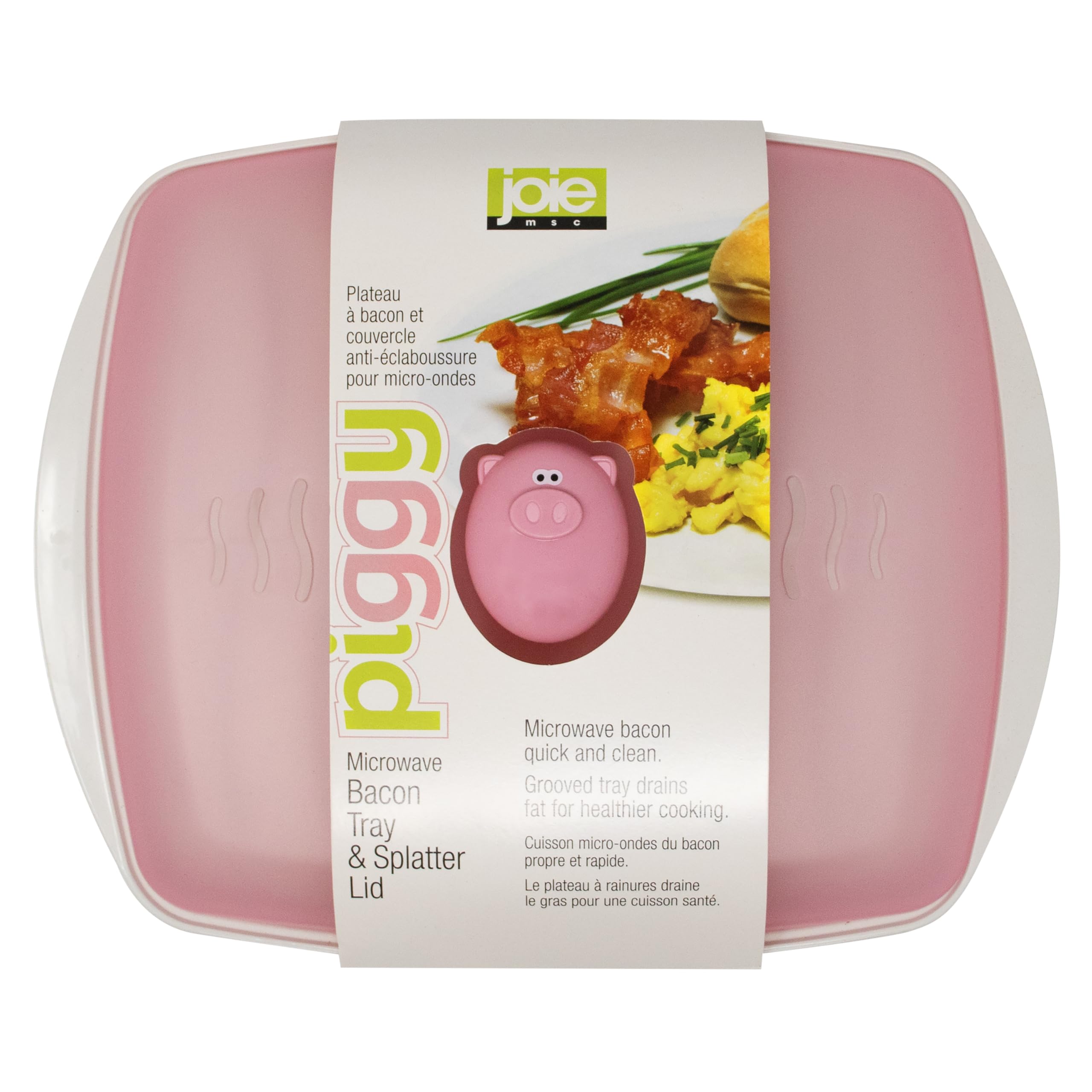 MSC International 78416 Joie Piggy Microwave Bacon Tray with Splatter Lid, Holds 4-5 Strips of Bacon, 10.5 x 8.5 x 2
