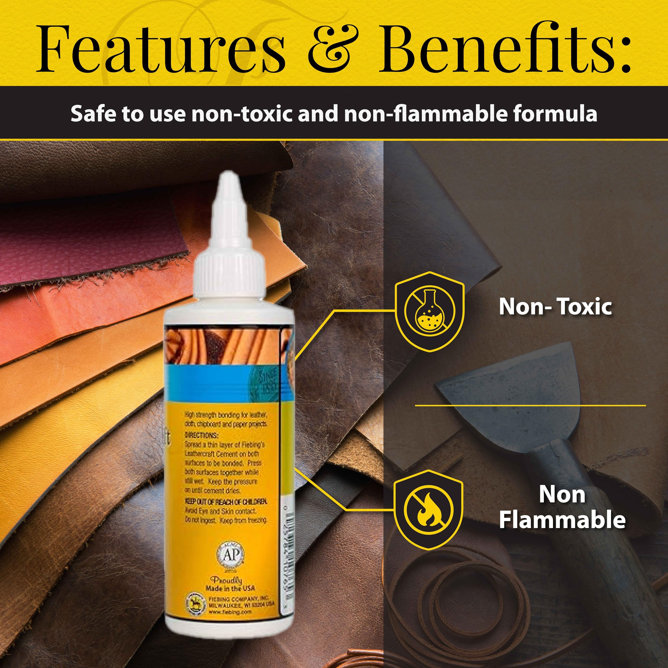 Fiebing's Leathercraft Cement - Leather Glue (4oz) - Quick Drying, High Strength, Flexible Adhesive w/Permanent Bonding for Craft or Repair for Leather Jackets, Shoes, Wallets, Furniture - Non-Toxic