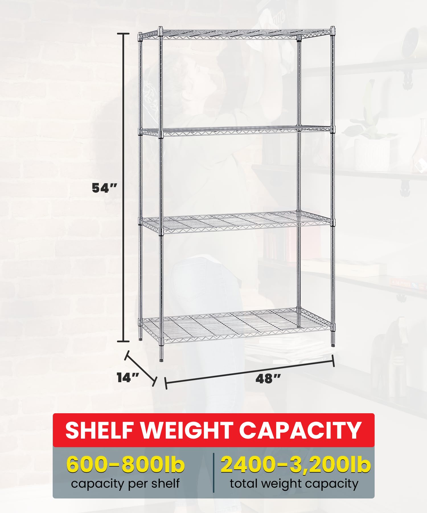 Quantum Storage Systems WR54-1448C Starter Kit for 54" High 4-Tier Wire Shelving Unit, Chrome Finish, 14" Width x 48" Length x 54" Height