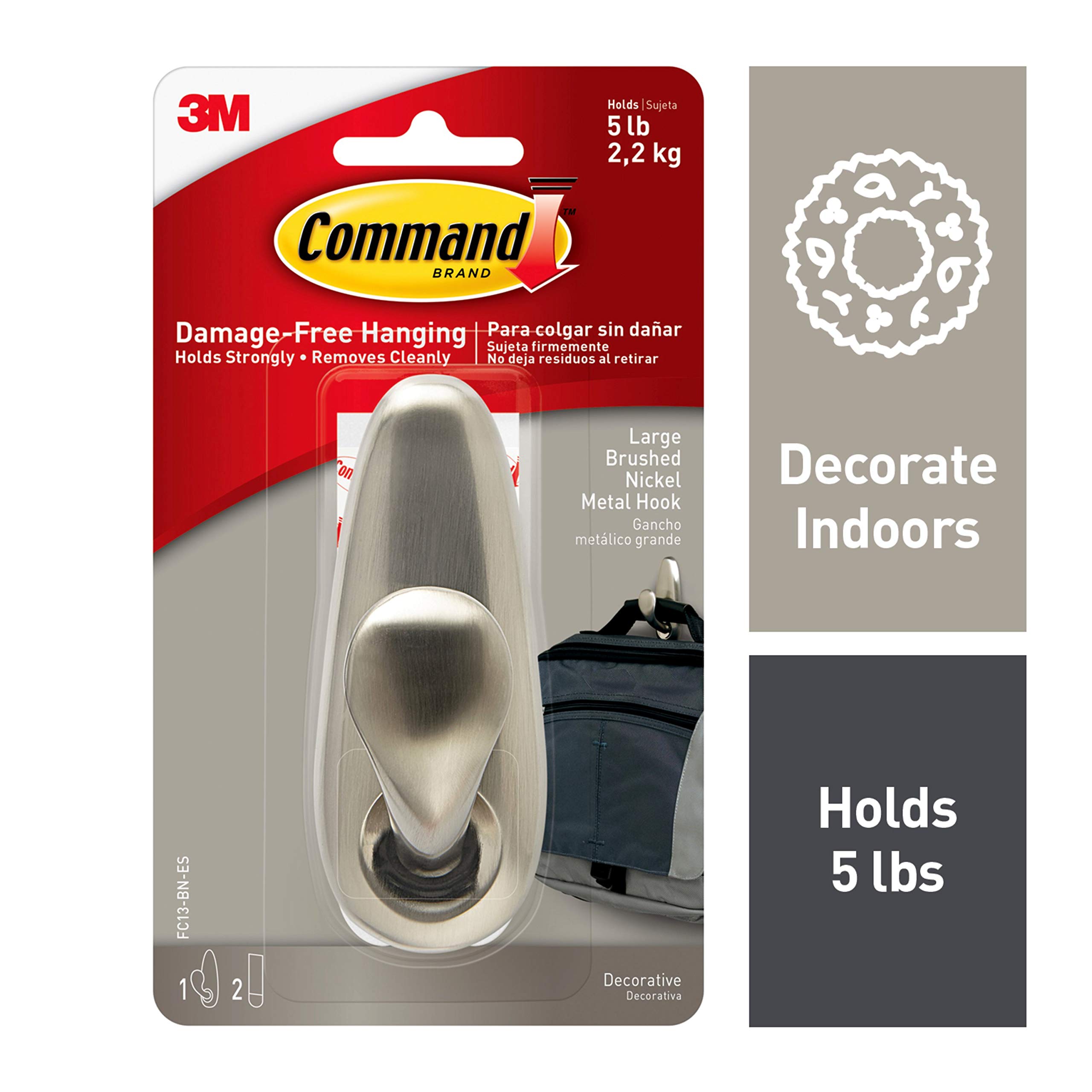 Command FC13-BN FBA_FC13-BN Forever Classic Metal, Large, Brushed Nickel, 1-Hook (FC13-BN-ES)