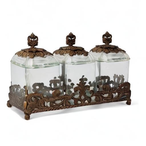 GG Collection 3-Piece Glass Canister Set With Acanthus Leaf Metal Base