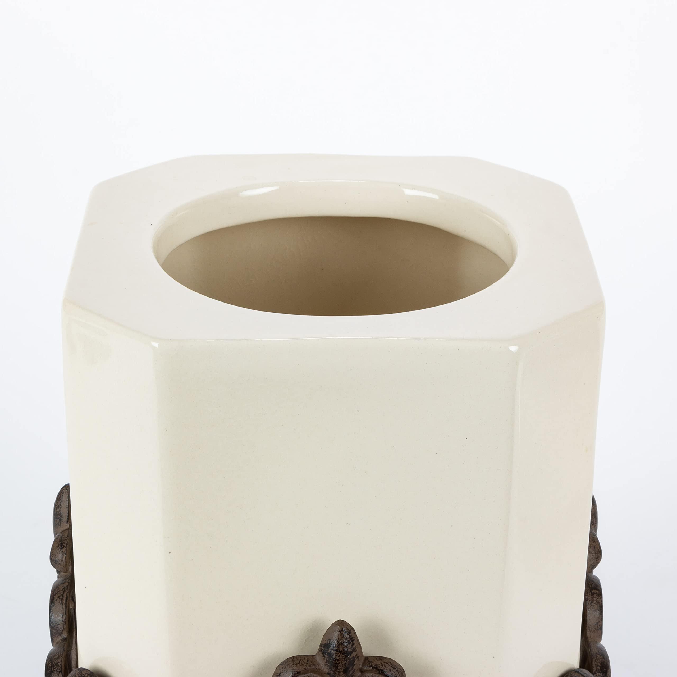 16-Inch Tall Provencial Cream Canister with Brown Metal Scrolled Base