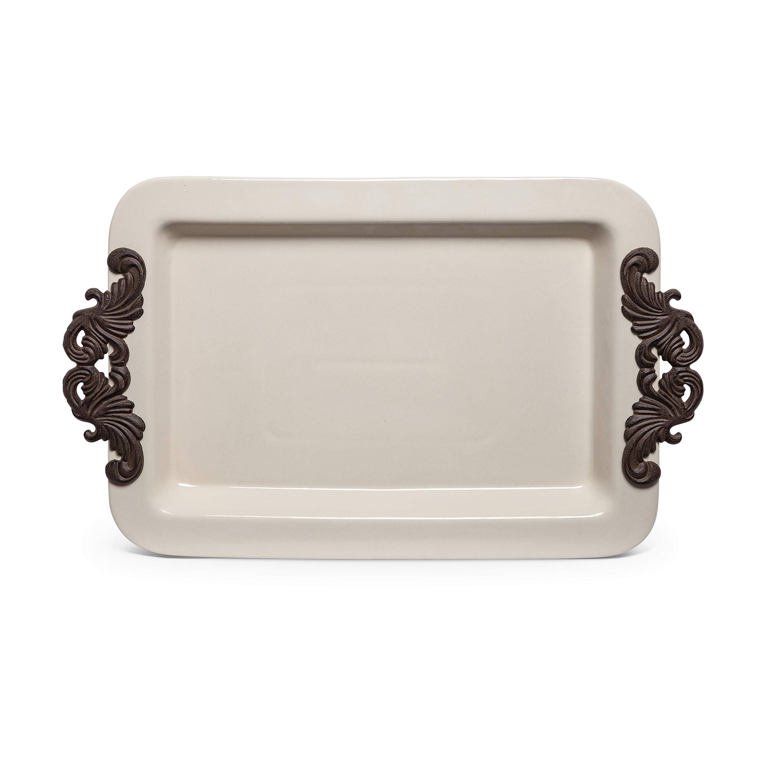 23.75-Inch Long Cream Ceramic Tray with Acanthus Leaf Styled Metal Handles