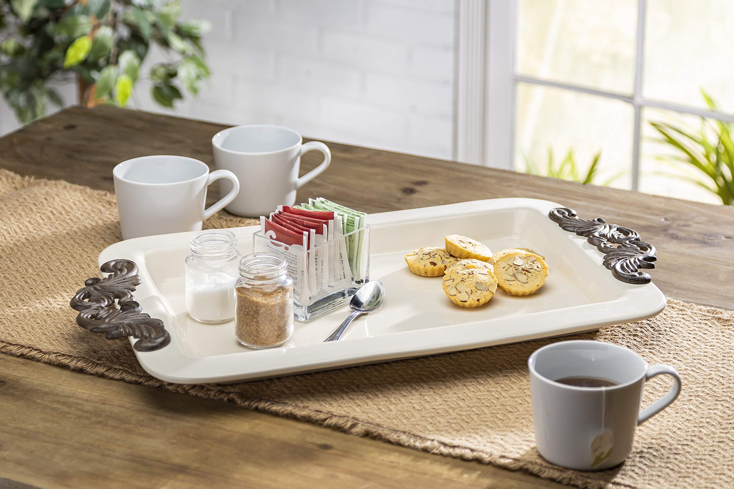 23.75-Inch Long Cream Ceramic Tray with Acanthus Leaf Styled Metal Handles