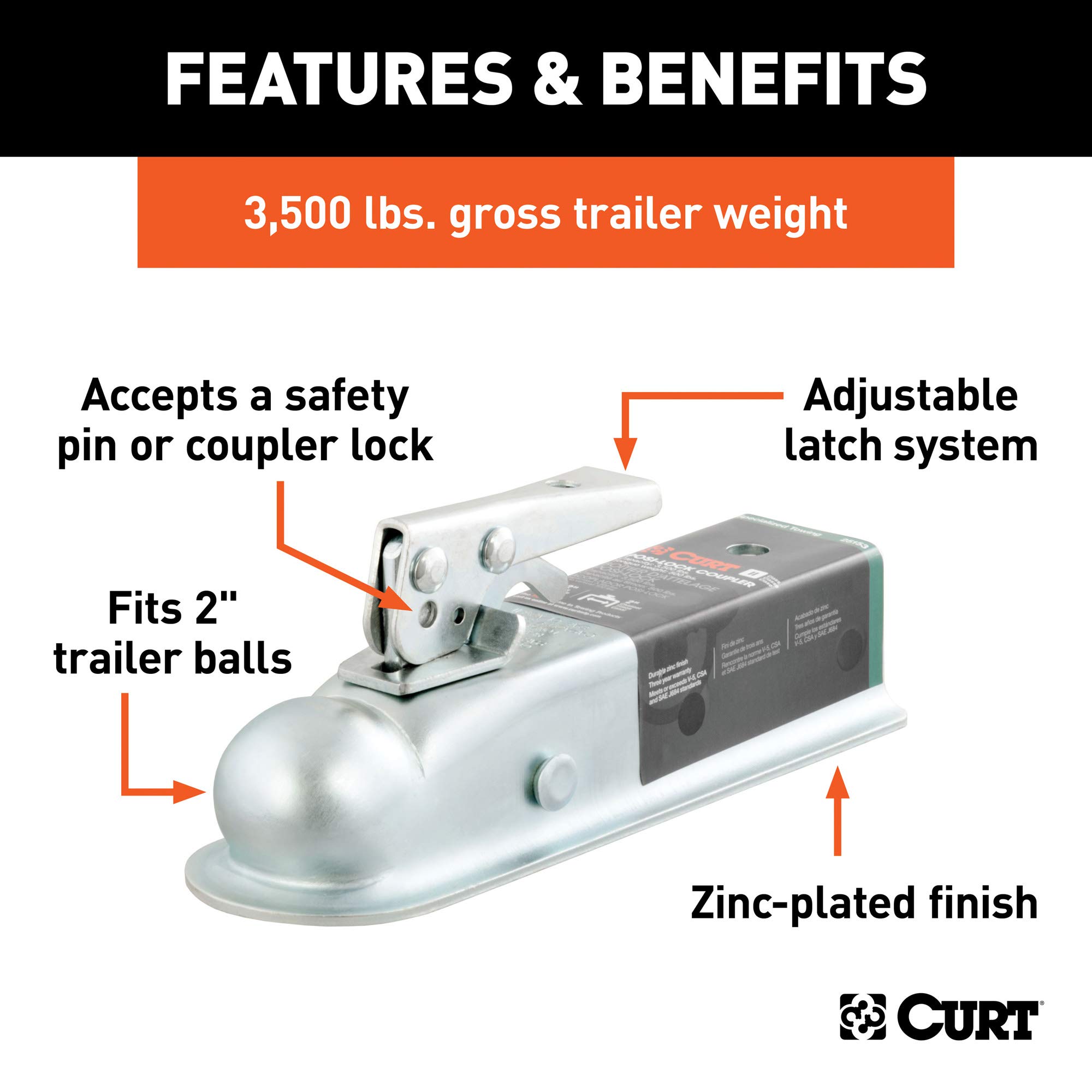 CURT 25153 Straight Tongue Trailer Coupler for 2-Inch Channel, 2-in Hitch Ball, 3,500 lbs