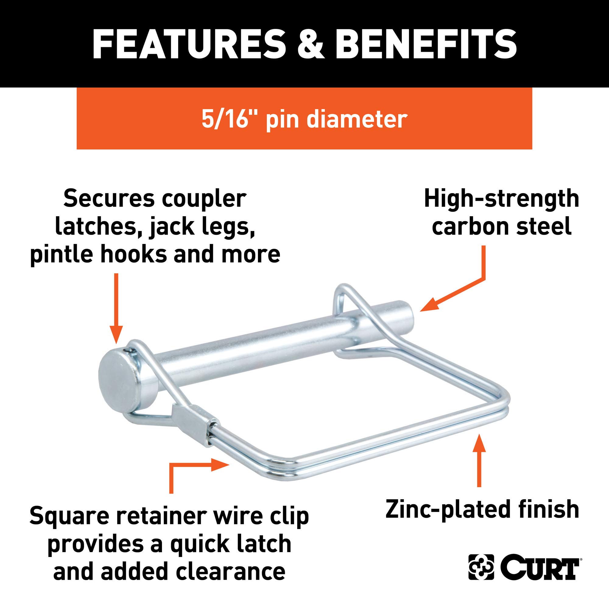 CURT 25010 Trailer Coupler Pin, 5/16-Inch Diameter x 3-Inch Long