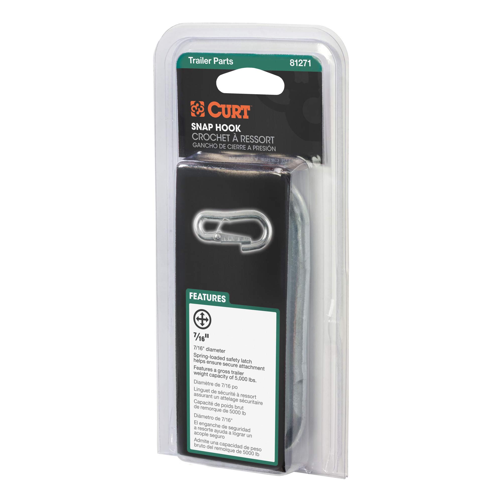 CURT 81271 Snap Hook Trailer Safety Chain Hook Carabiner Clip, 7/16-Inch Diameter, 5,000 lbs