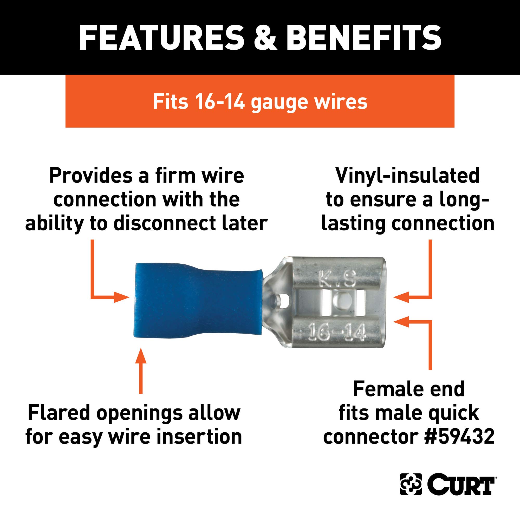 CURT 59592 16-14 Gauge Blue Vinyl-Insulated Female Wire Quick Connectors, 100-Pack