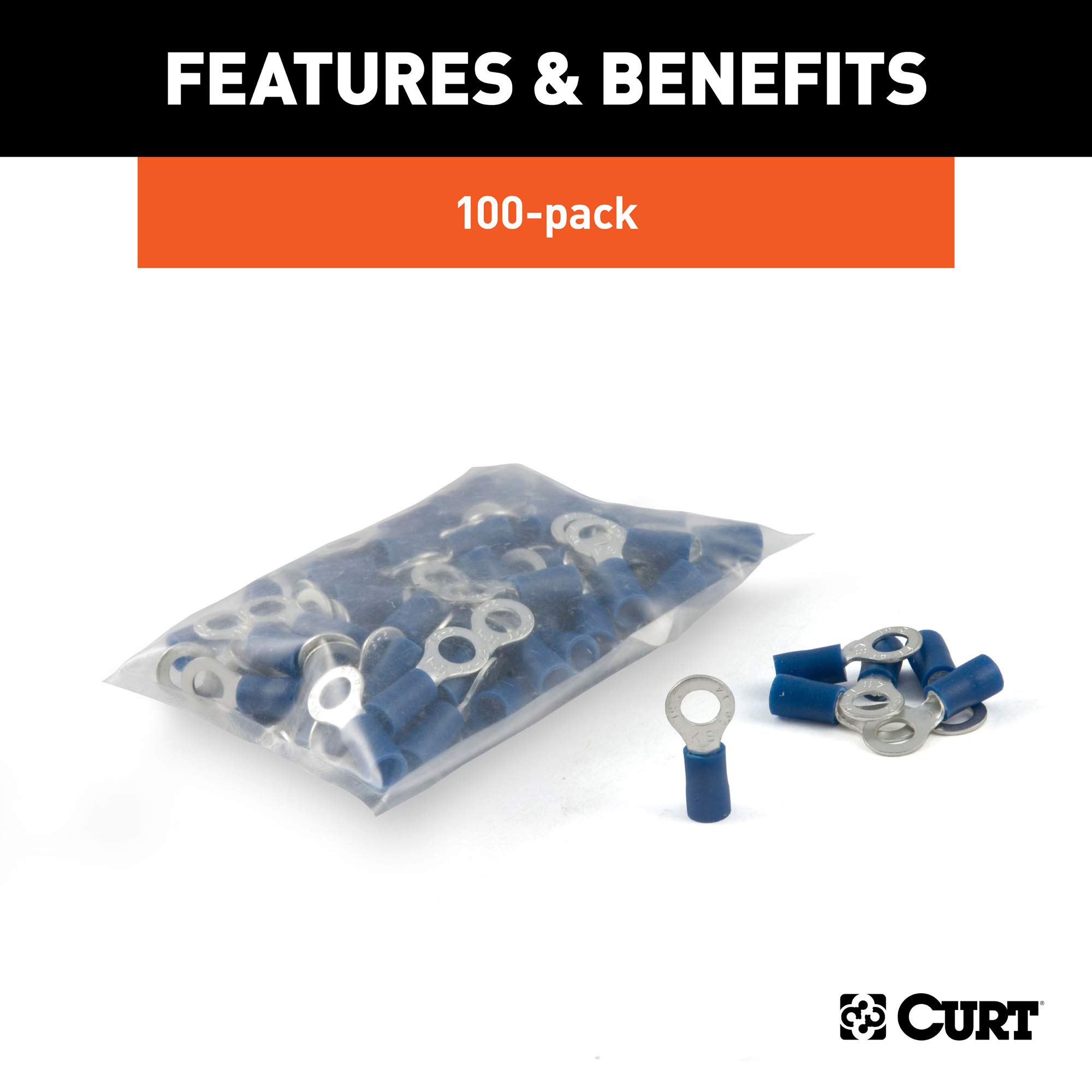 CURT 59521 16-14 Gauge Blue Vinyl-Insulated Ring Terminal Wire Connectors, #10 Stud, 100-Pack