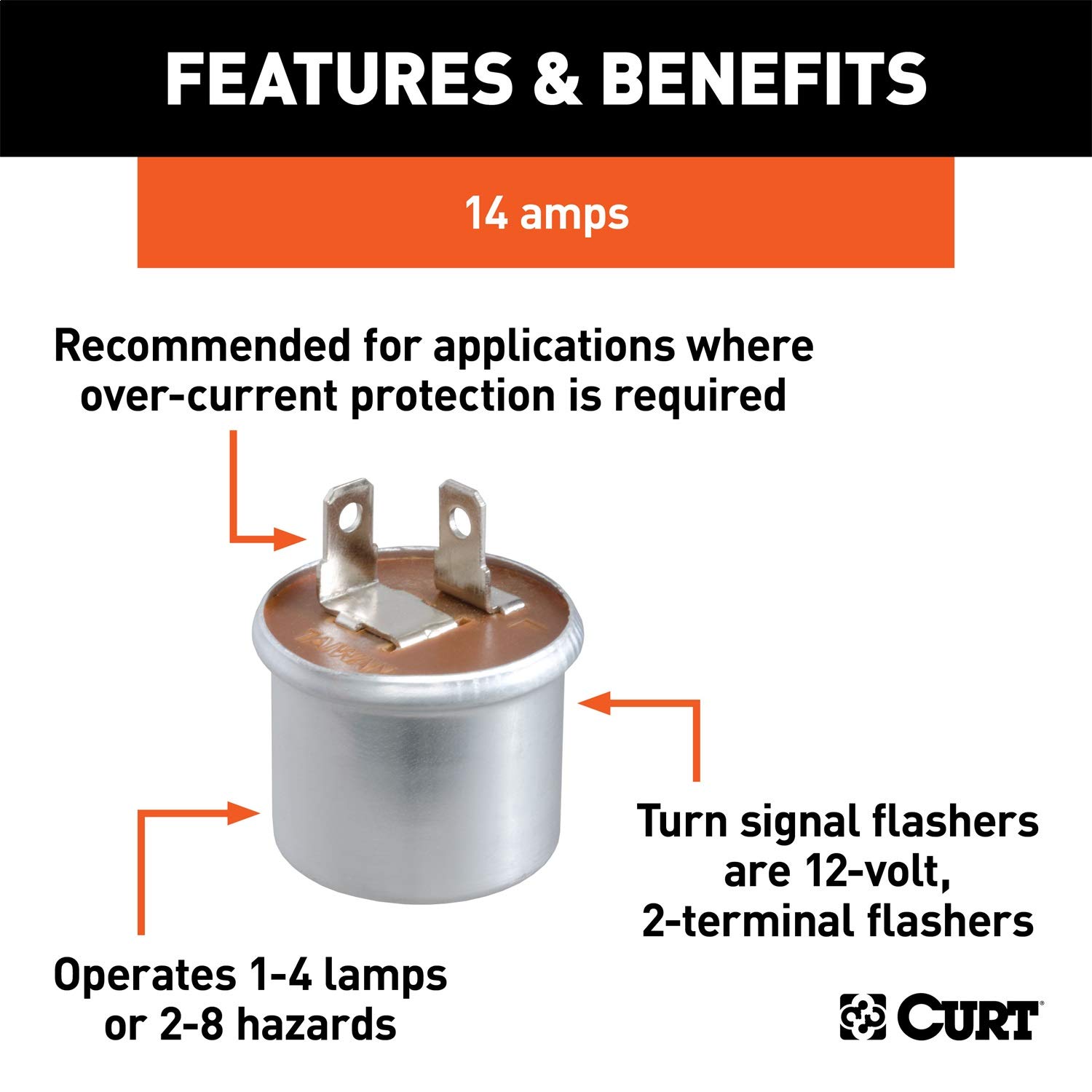 CURT 58310 12-Volt 2-Terminal Turn Signal Flasher, 1-4 Lamps or 2-8 Hazards