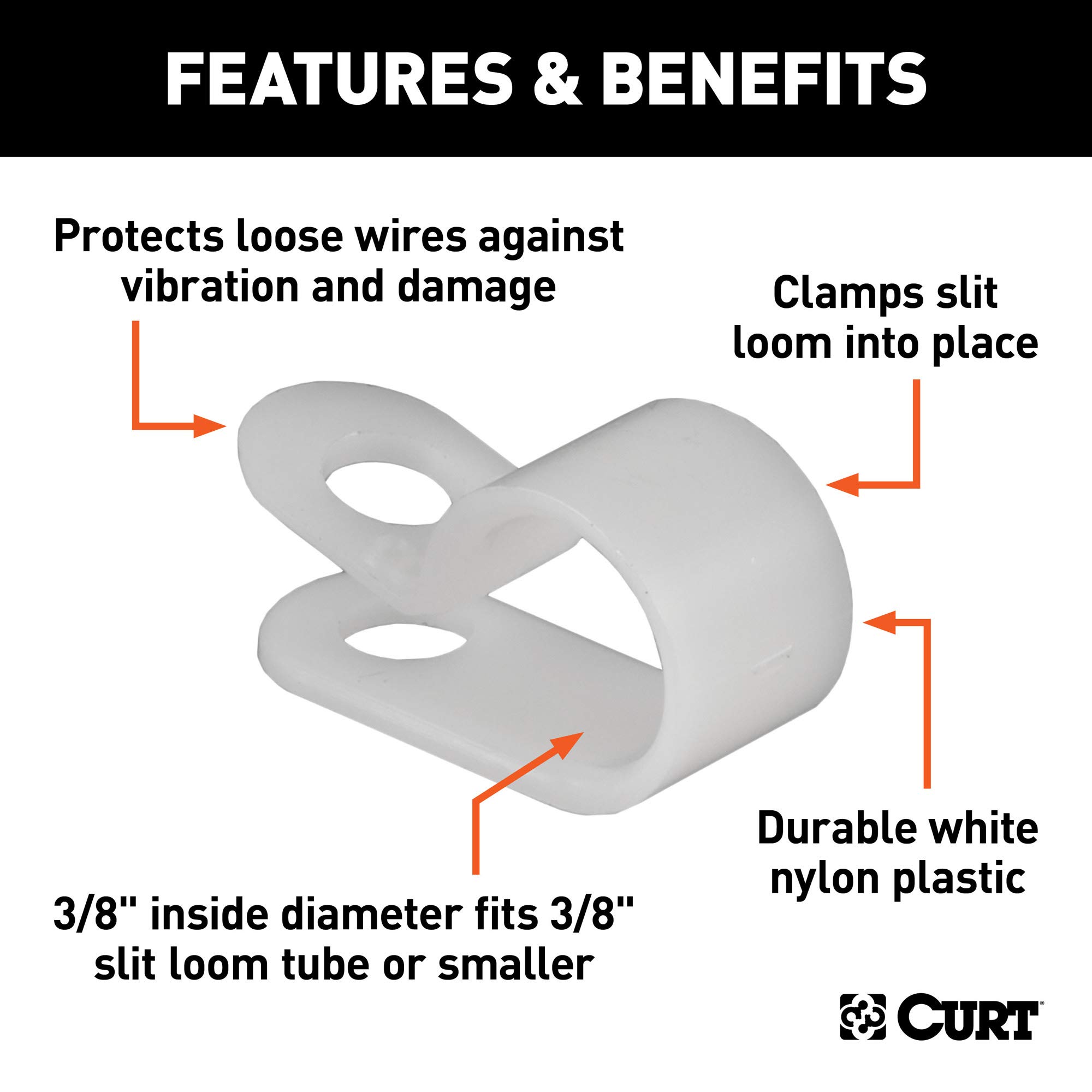 CURT 59828 3/8-Inch Convoluted Slit Loom Wire Protection Tube Clamps, 25-Pack