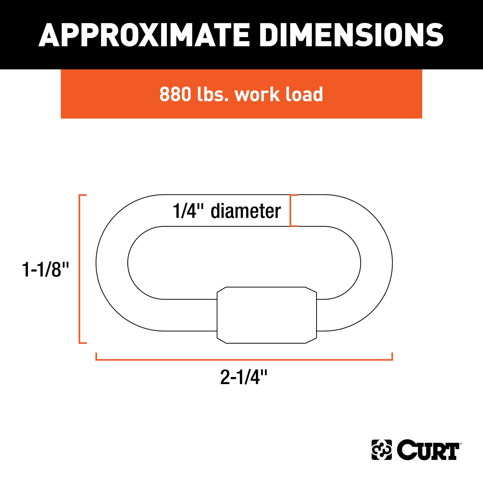 CURT 82611 Threaded Quick Link Trailer Safety Chain Hook Carabiner Clip, 1/4-Inch Diameter, 4,400 lbs Break Strength