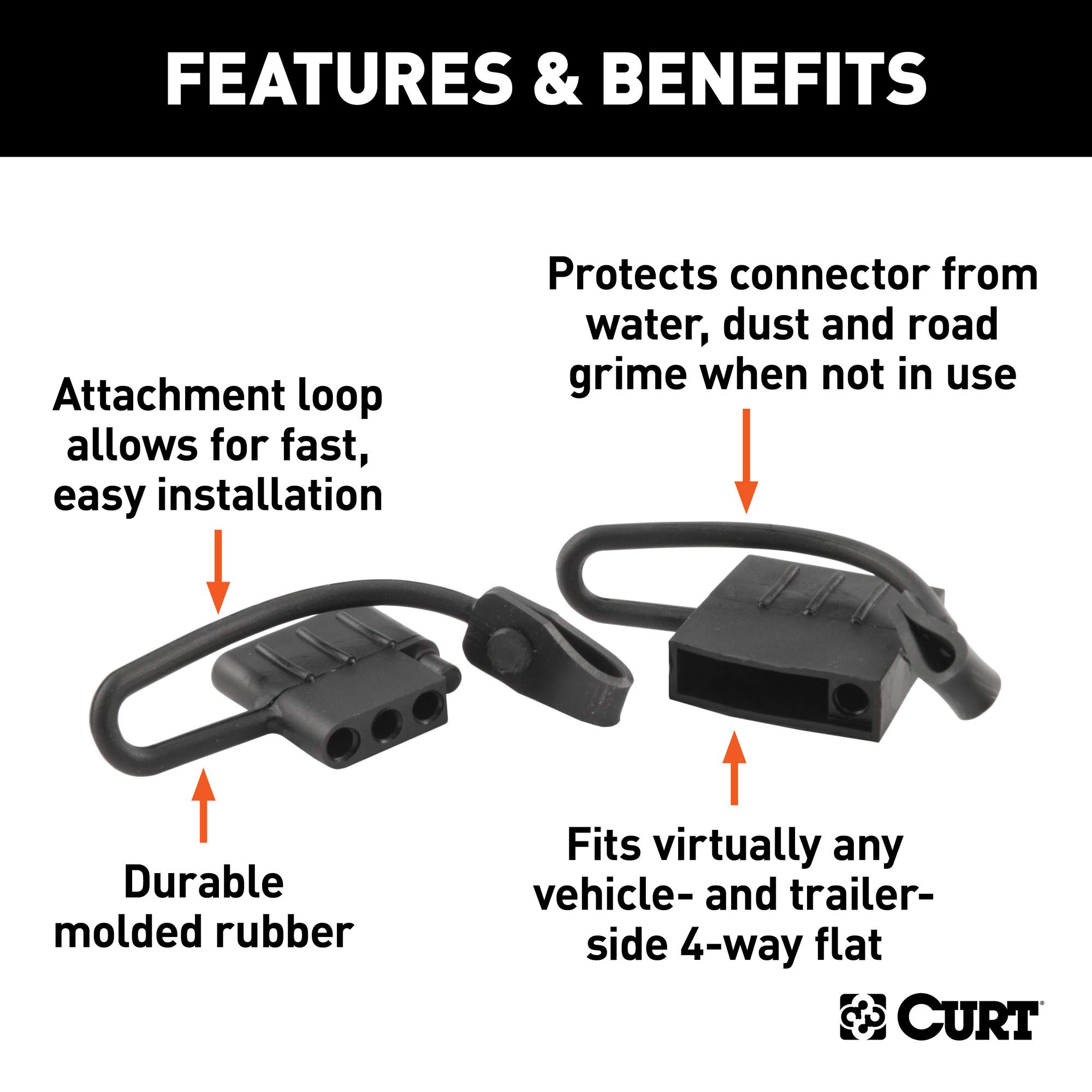 CURT 58761 Vehicle and Trailer-Side 4-Pin Flat Wiring Harness Dust Covers, 2-Pack, Black