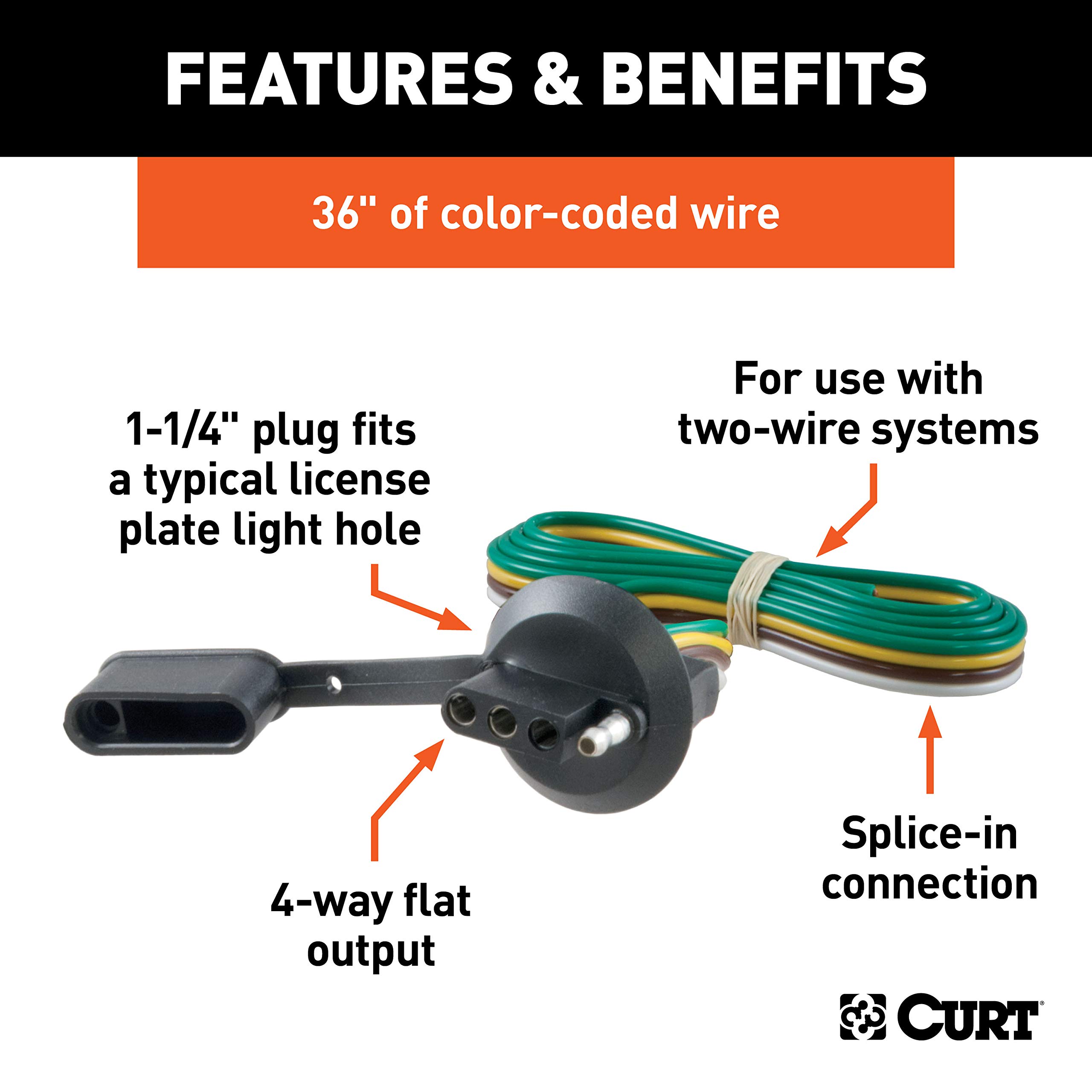 CURT 57406 Vehicle-Side 4-Pin Flat Trailer Wiring Harness with 60-Inch Wires, Fits 1-1/4-Inch License Plate Light Hole
