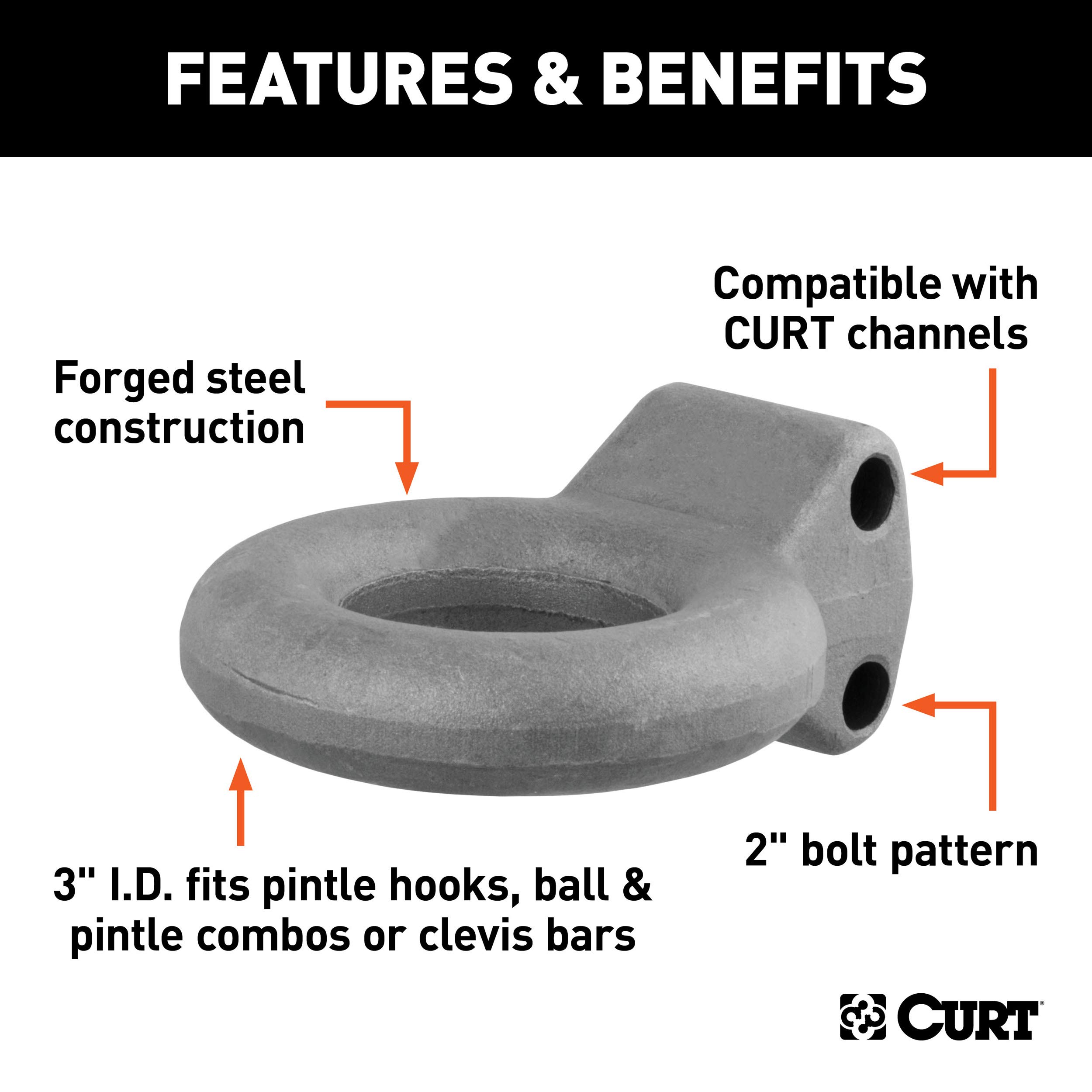 CURT 48600 Raw Steel Pintle Hitch Lunette Ring 3-Inch ID, 12,000 lbs, Channel Mount Required